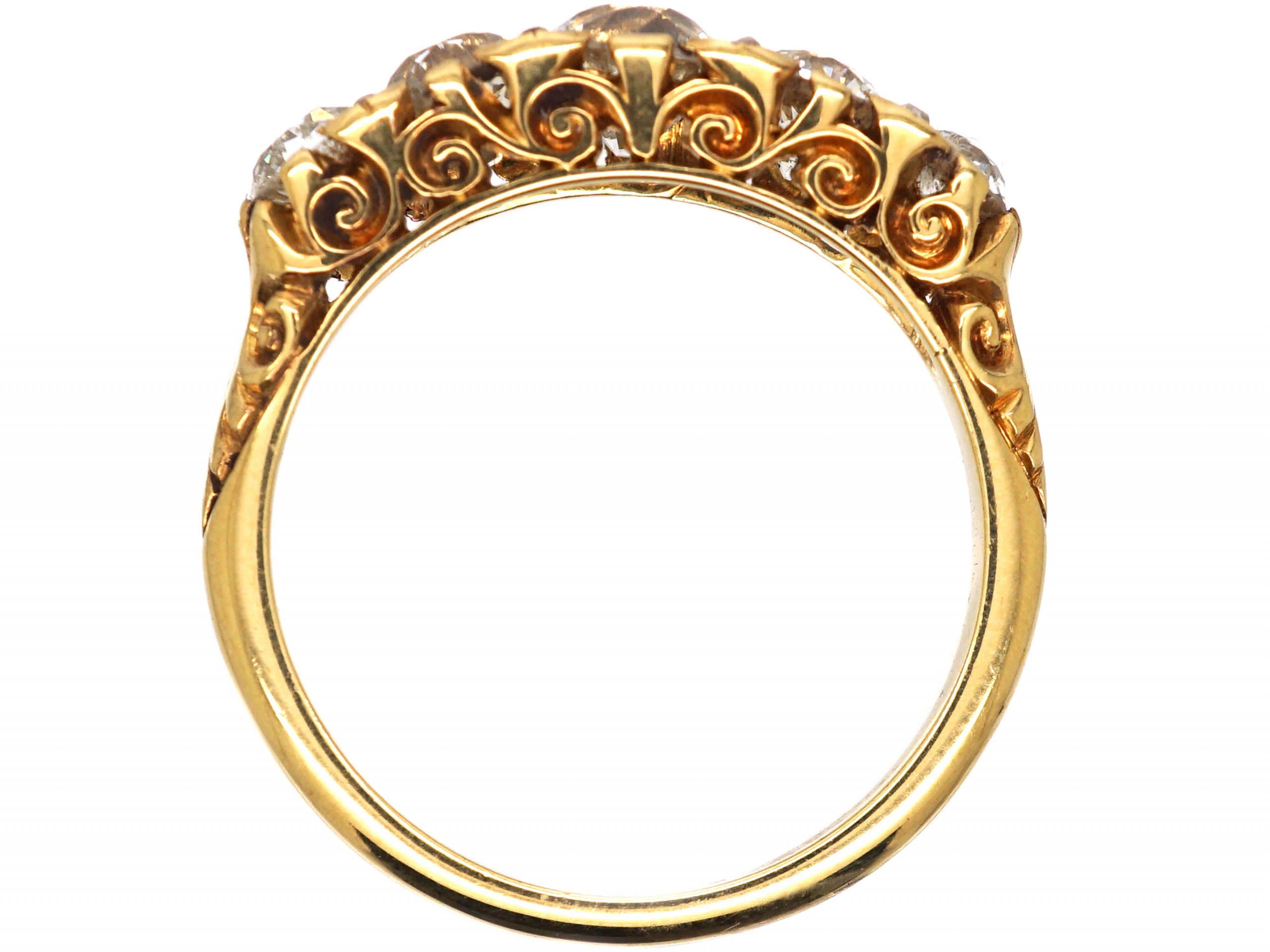 Victorian 18ct Gold Five Stone Diamond Carved Half Hoop Ring with Rose ...