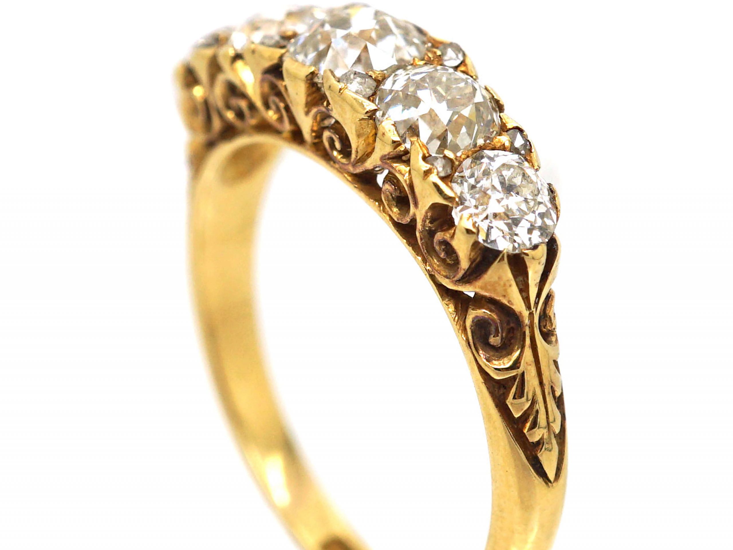 Victorian 18ct Gold Five Stone Diamond Carved Half Hoop Ring with Rose ...