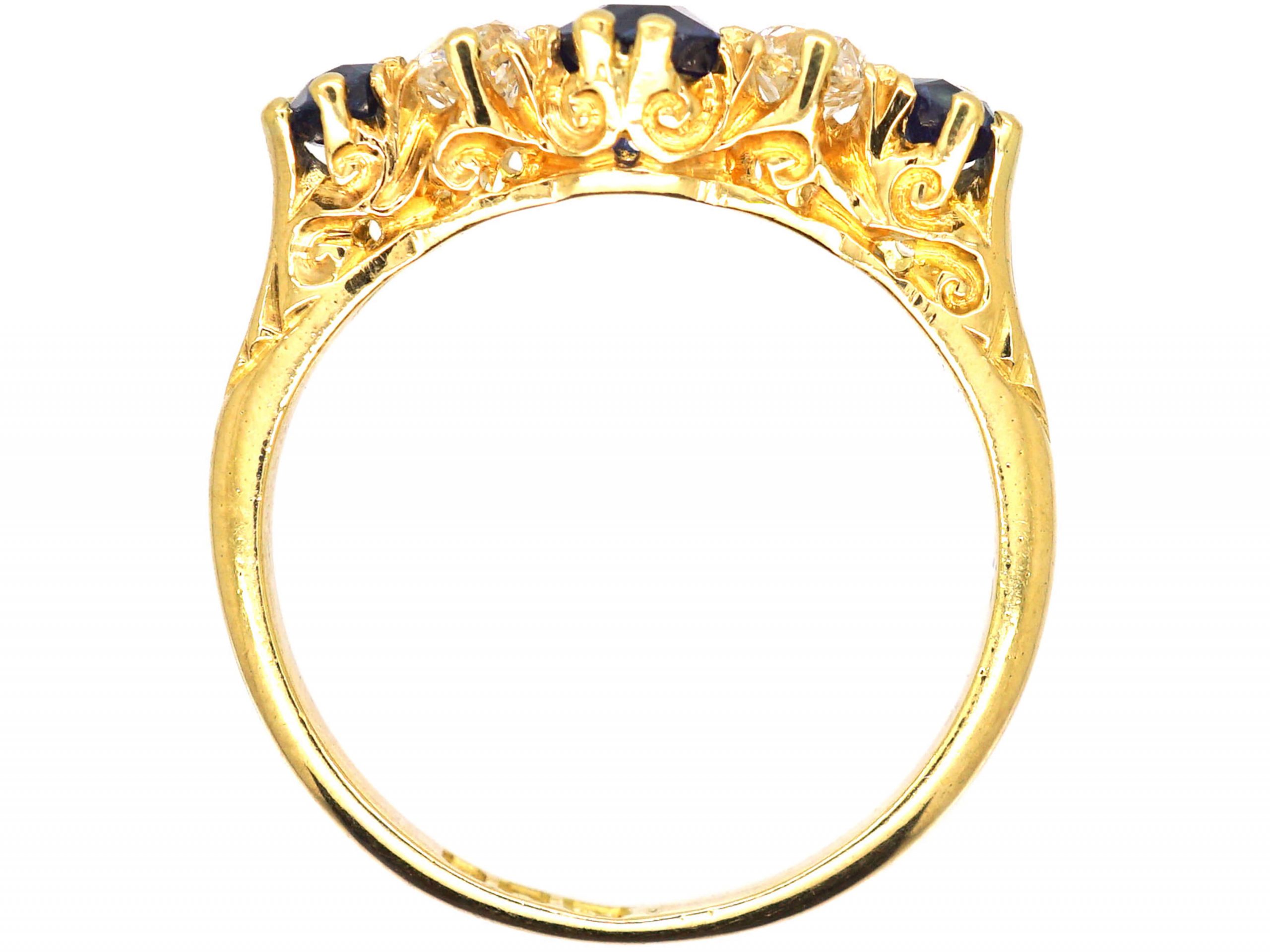 Edwardian 18ct Gold, Sapphire & Diamond Five Stone Carved Half Hoop ...