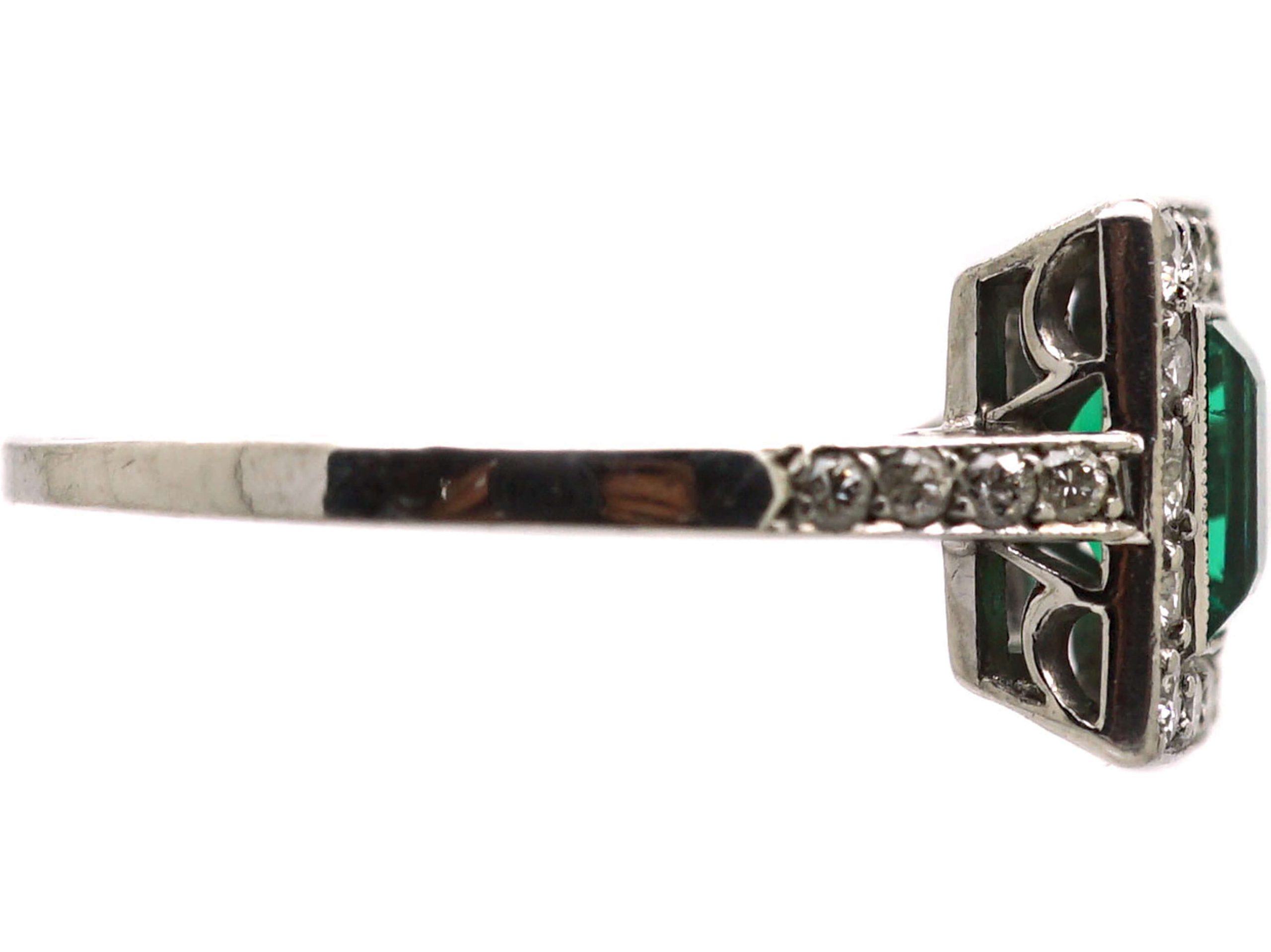 Art Deco Platinum, Emerald & Diamond Rectangular Ring with Diamond set ...