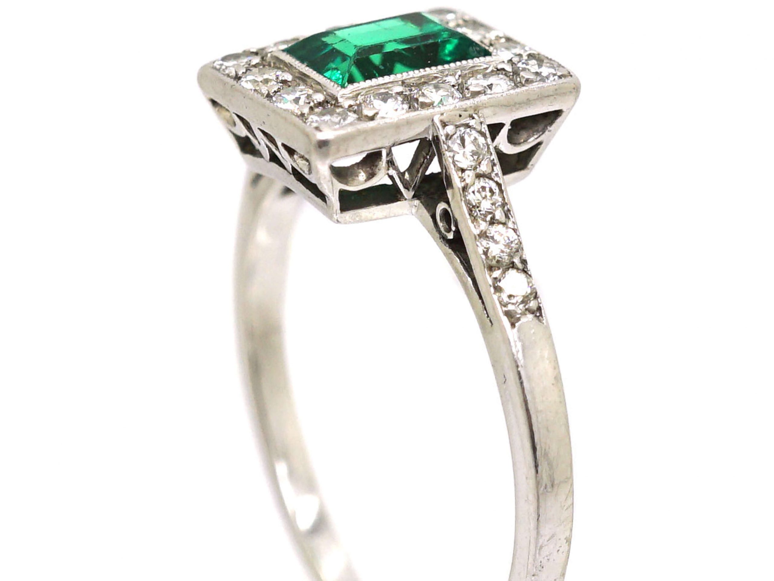 Art Deco Platinum, Emerald & Diamond Rectangular Ring with Diamond set ...