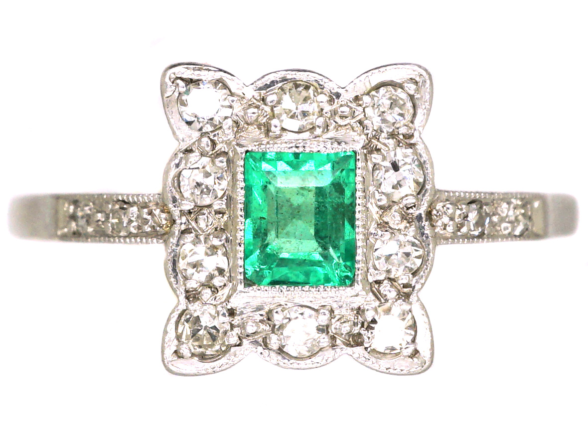 Art Deco Platinum, Diamond & Emerald Rectangular Ring with Diamond set ...
