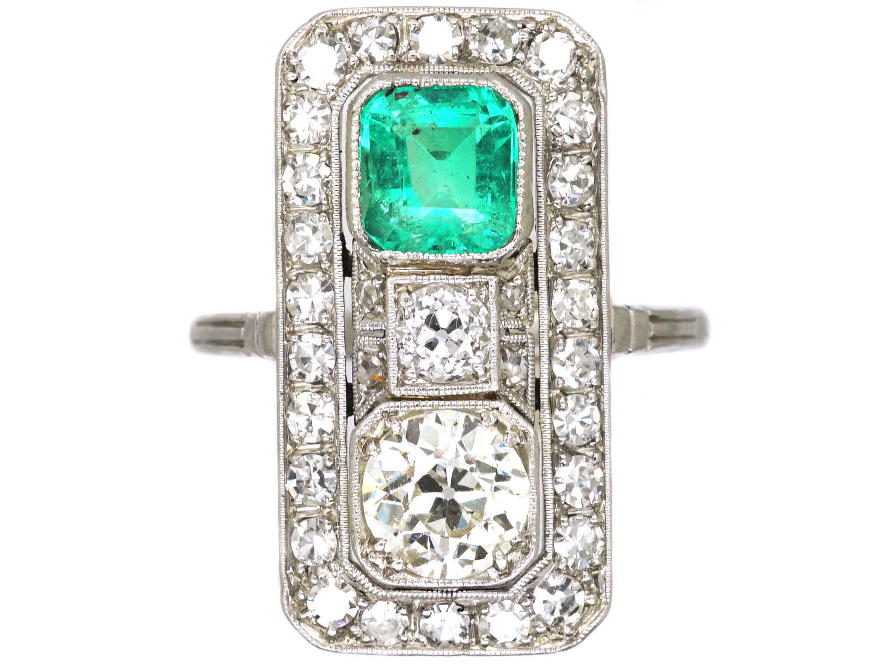 Art Deco Platinum Rectangular Ring set with an Emerald & Diamonds (175Y ...