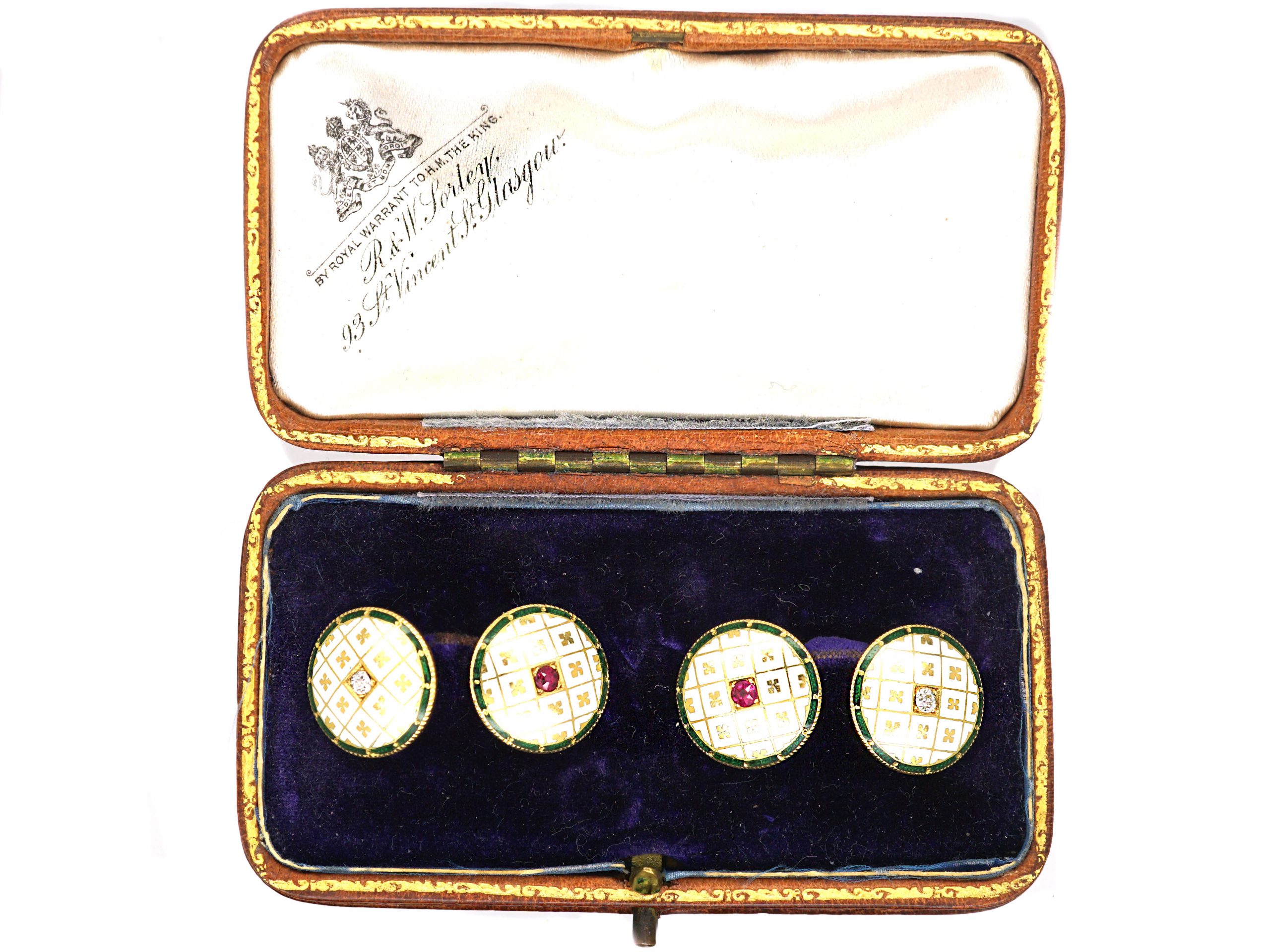 Edwardian 18ct Gold & Enamel Cufflinks set with Rubies & Diamonds (289Y ...