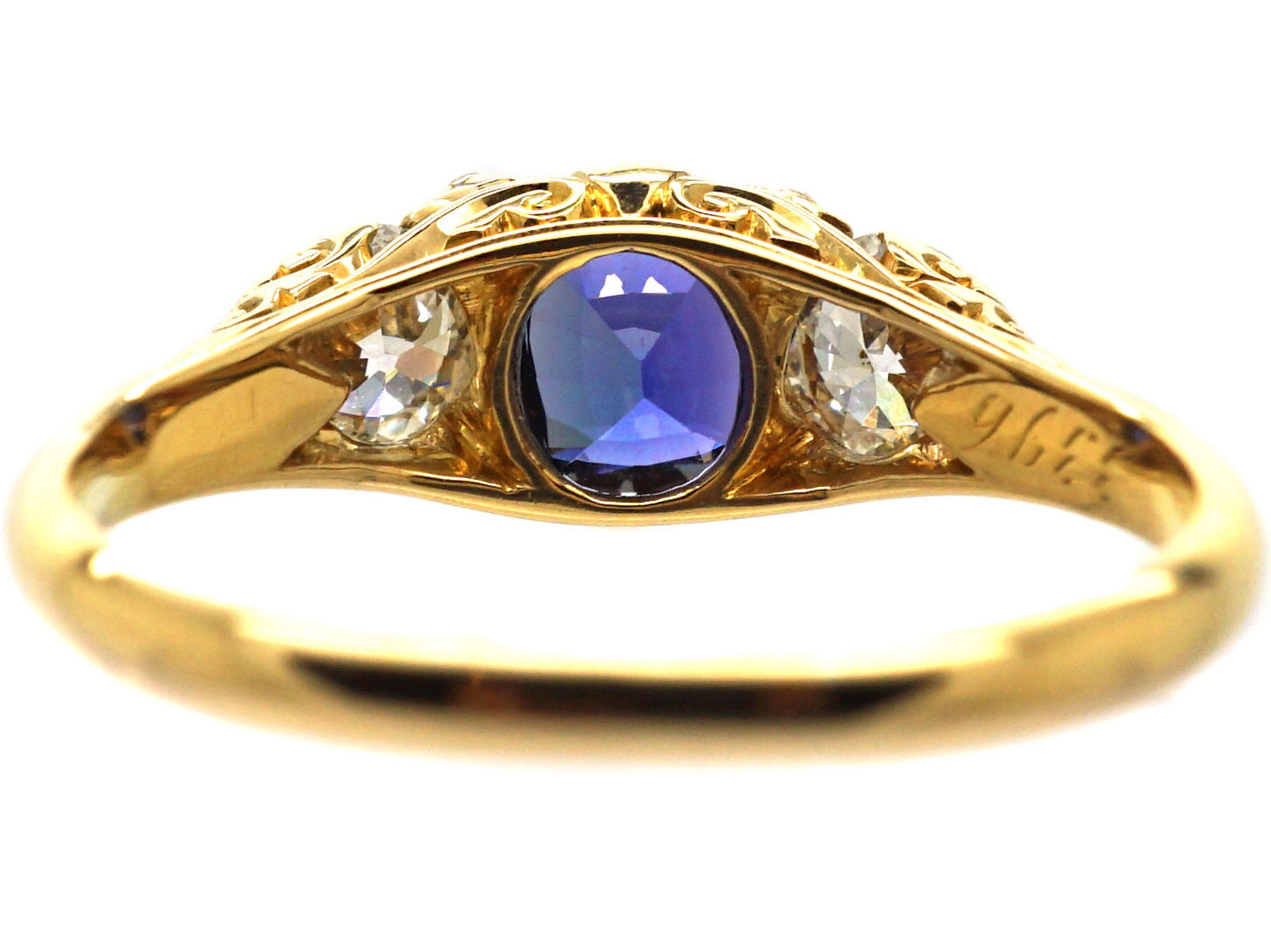 Victorian 18ct Gold, Three Stone Diamond & Sapphire Carved Half Hoop ...