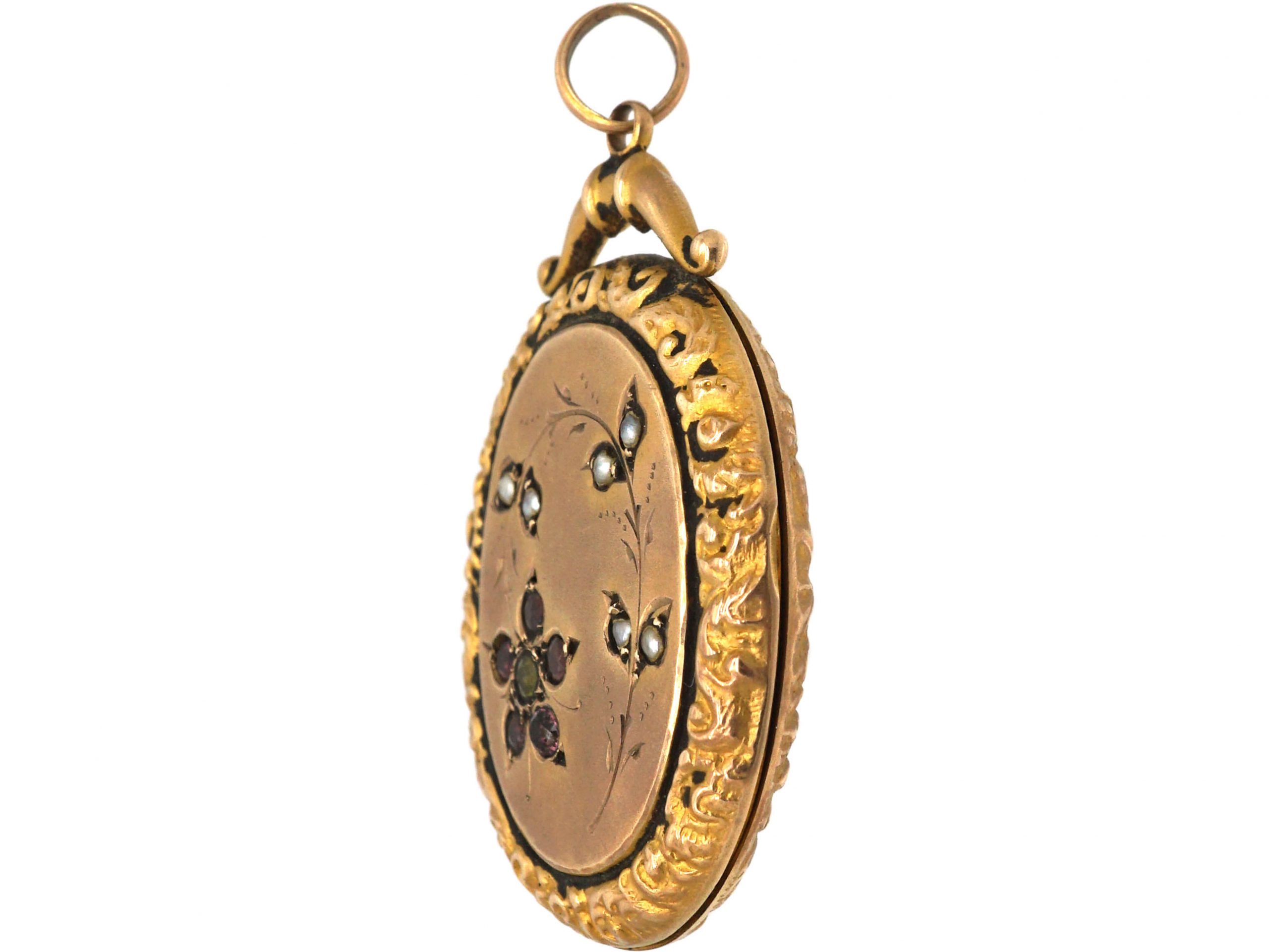 Edwardian 9ct Gold Oval Locket with Flower Motif set with garnets ...