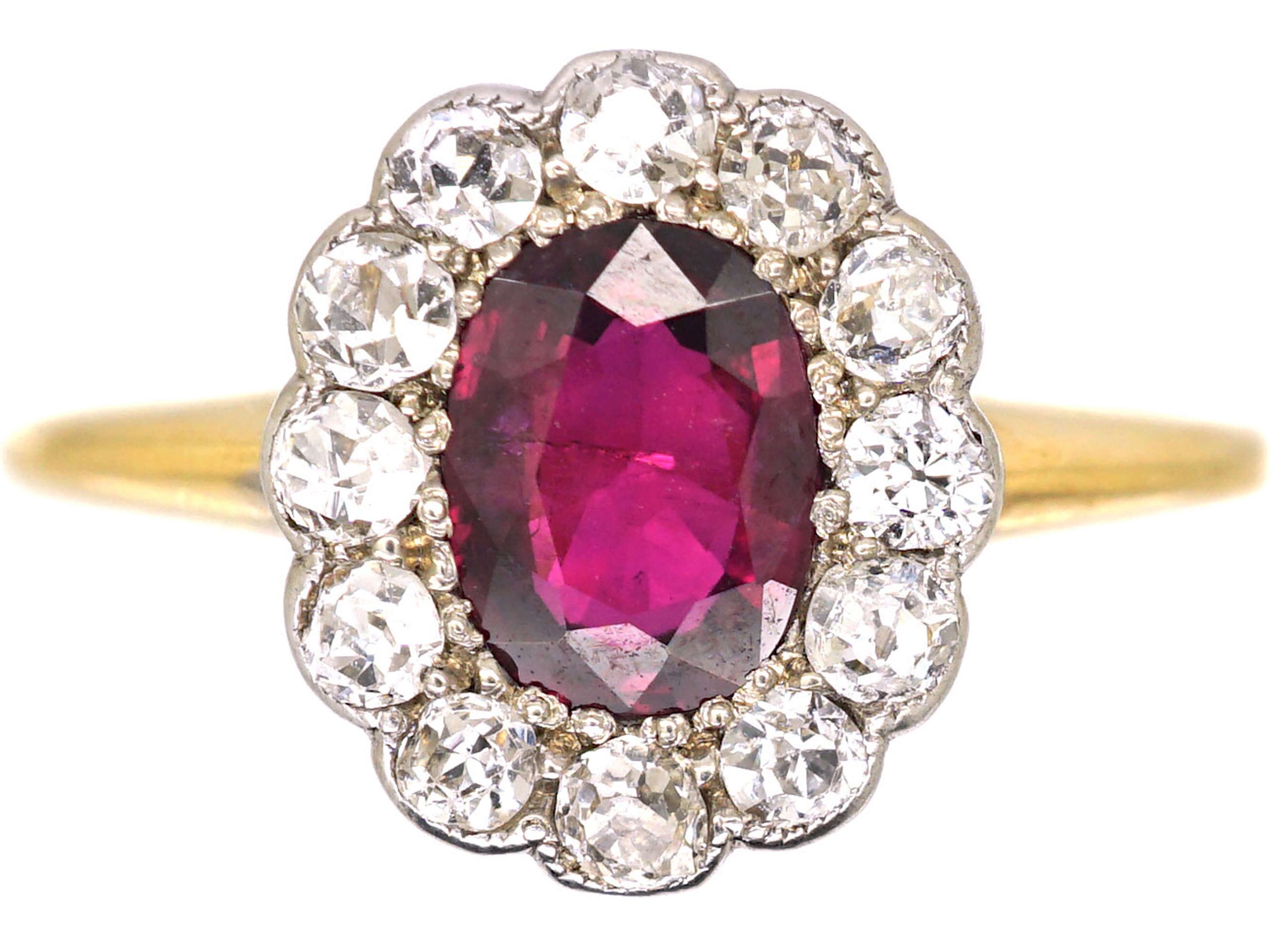 Edwardian 18ct Gold & Platinum, Ruby & Diamond Oval Cluster Ring (299Y ...