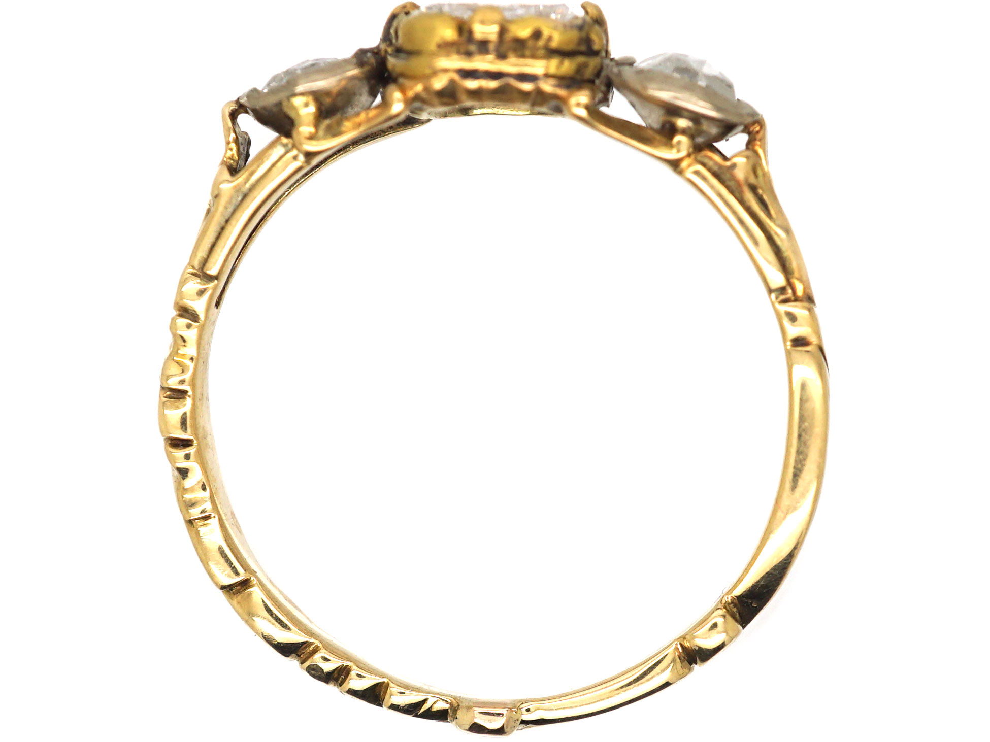 Georgian 15ct Gold & Silver, Three Stone Diamond Ring with Ornate Shank ...