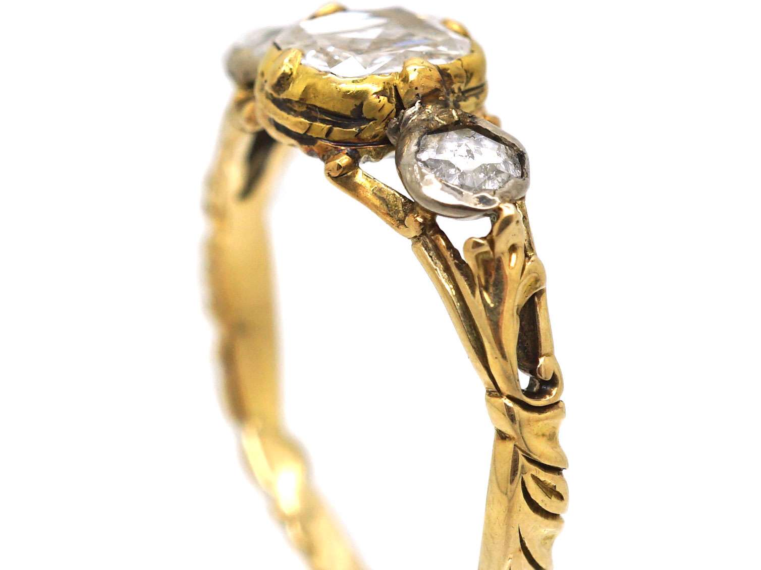 Georgian 15ct Gold & Silver, Three Stone Diamond Ring with Ornate Shank ...