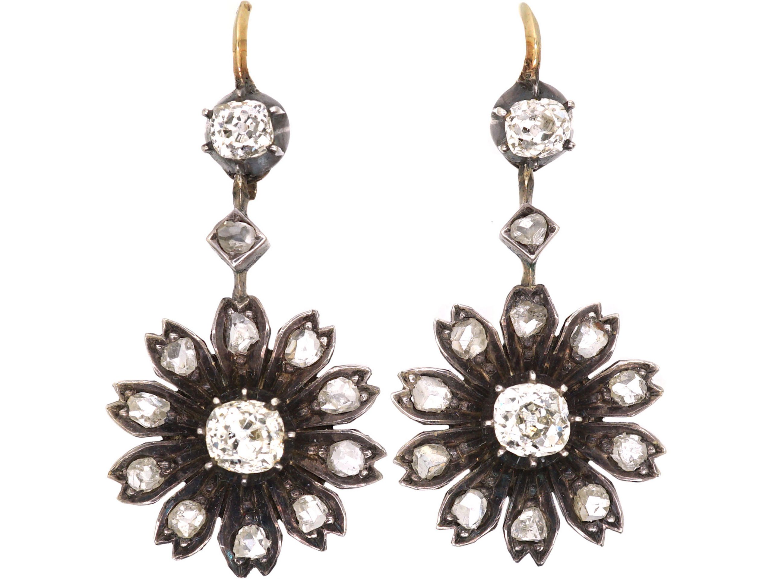 Victorian Gold & Silver Flower Drop Earrings set with Diamonds (286Y ...