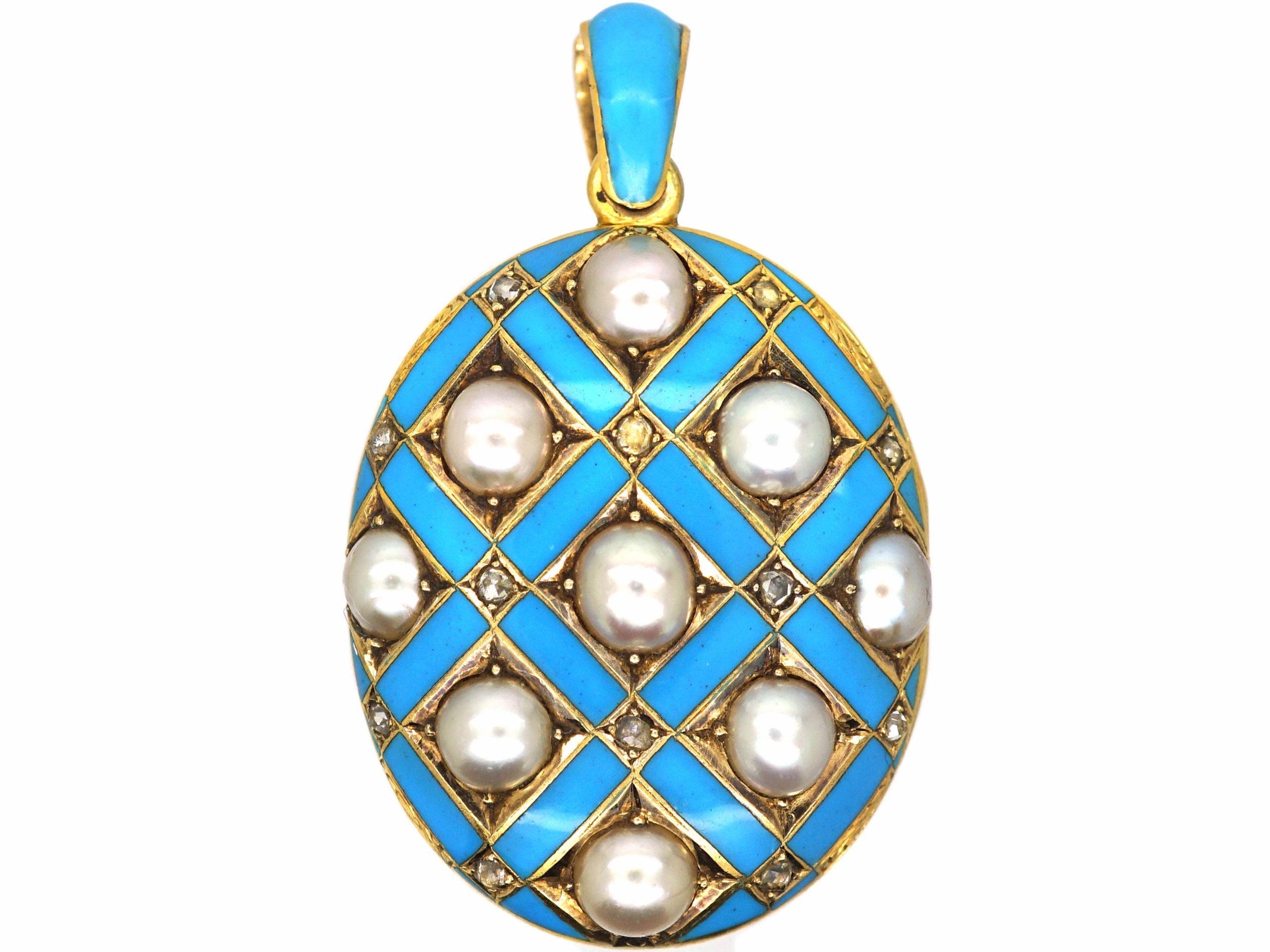 Victorian 18ct Gold & Blue Enamel Locket set with Natural Split Pearls ...