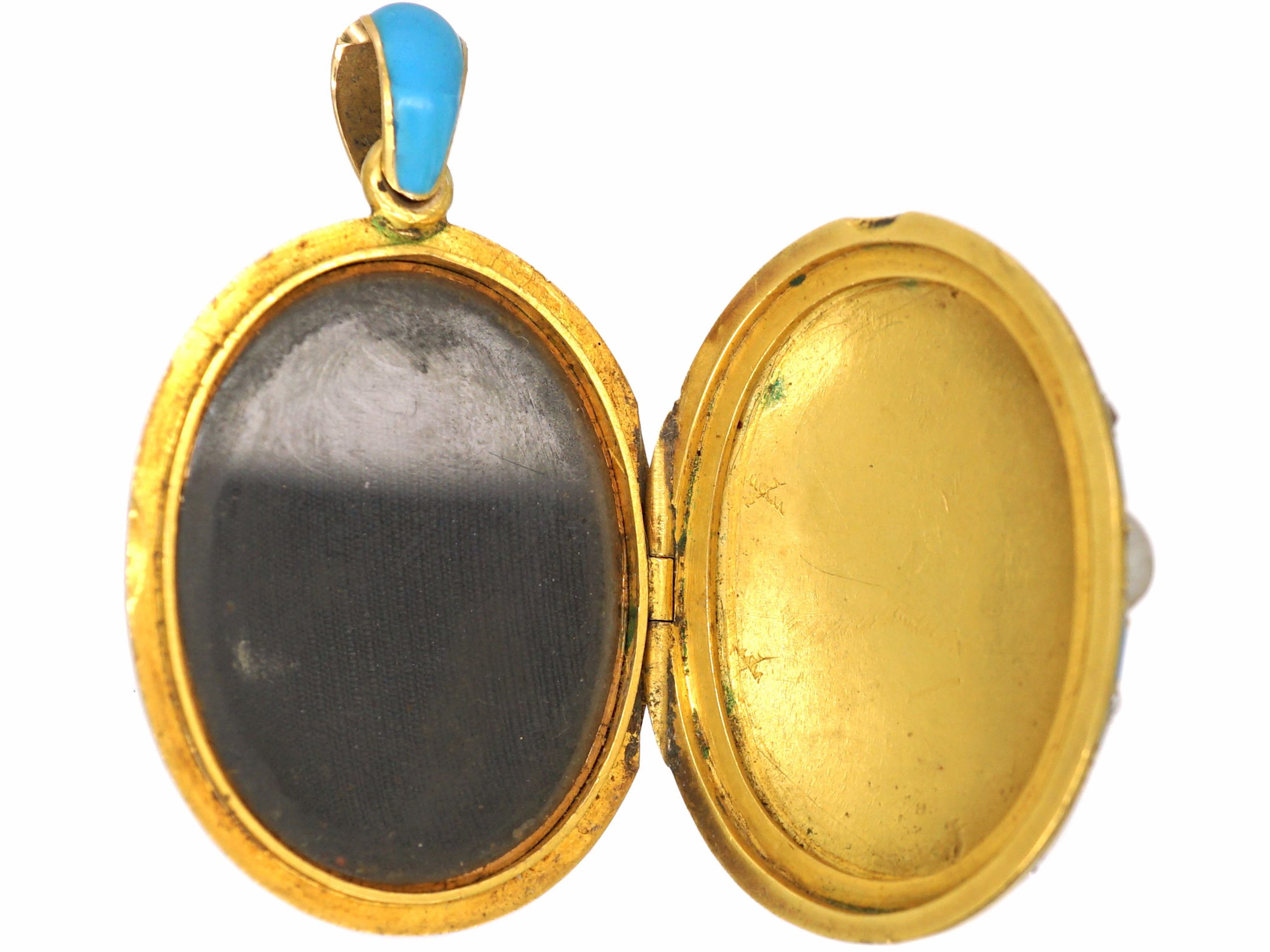 Victorian 18ct Gold & Blue Enamel Locket set with Natural Split Pearls ...