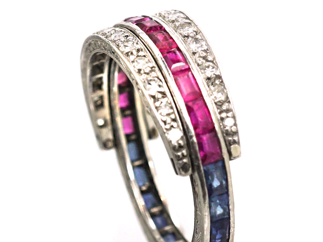 Art Deco 18ct White Gold Flip Over Ring set with Sapphires, Rubies ...