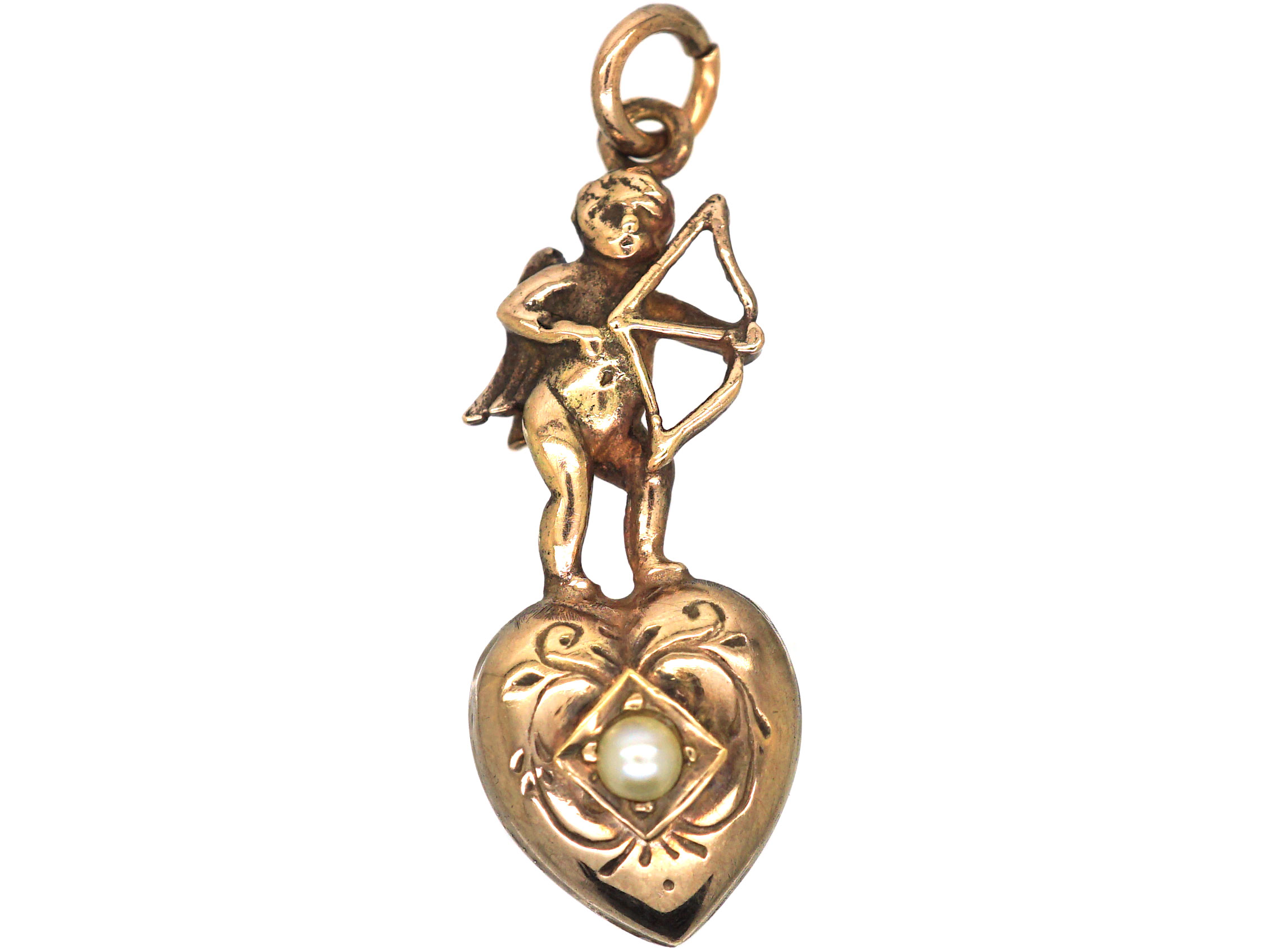Edwardian 9ct Gold Cupid & Heart Pendant set with a Natural Split Pearl ...