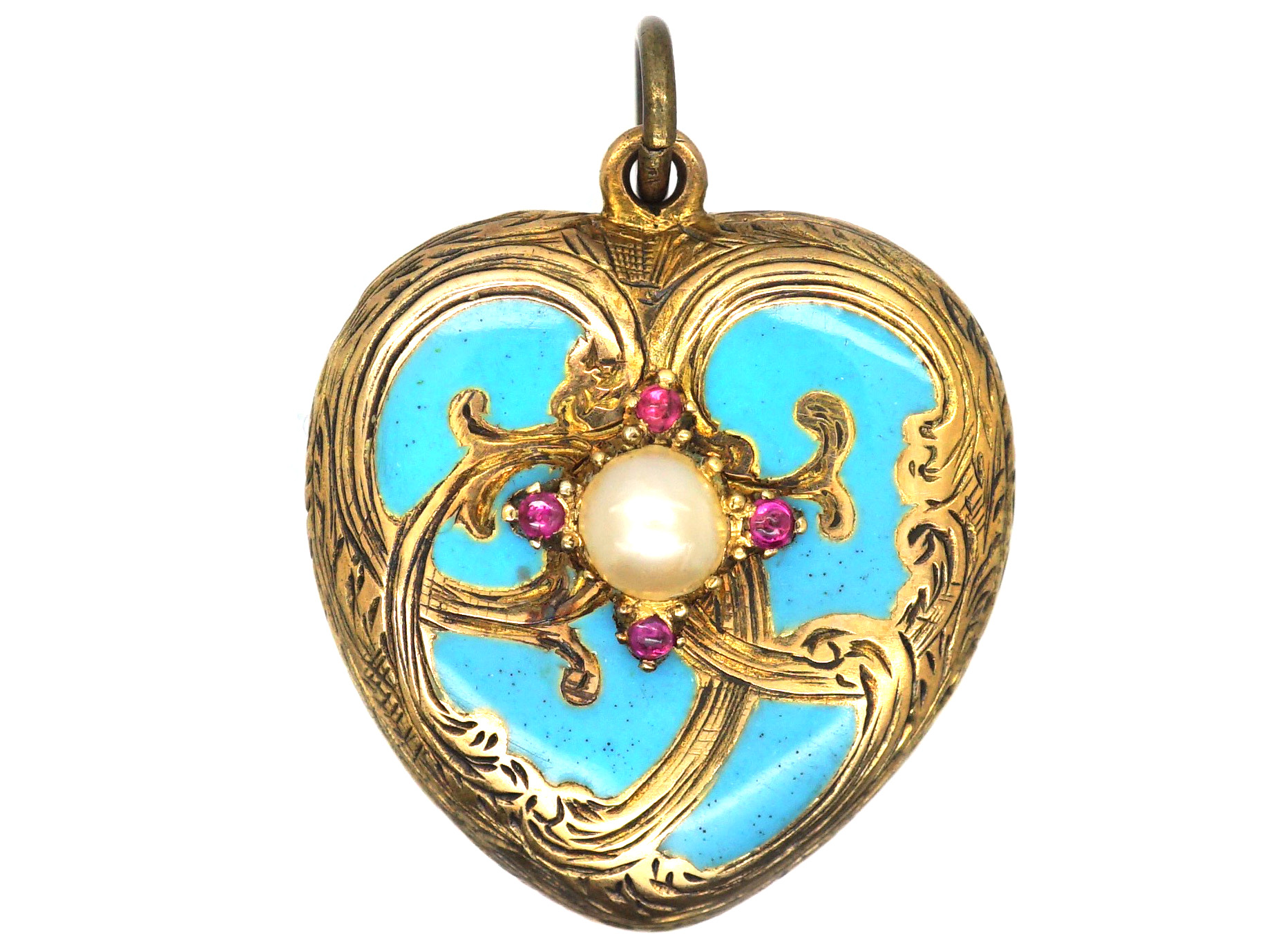 Regency 15ct Gold, Turquoise Enamel, Natural Split Pearl & Ruby Heart ...