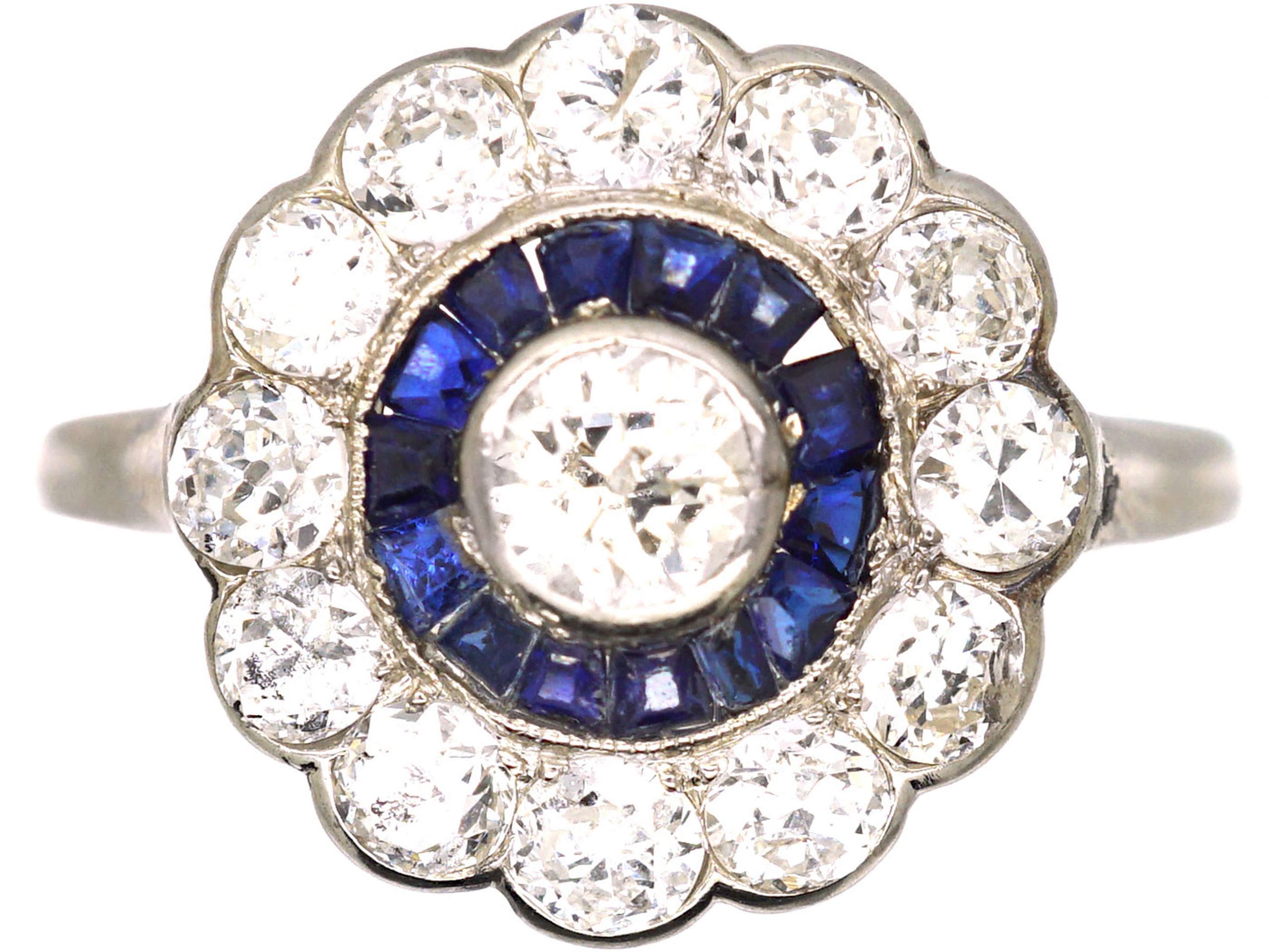 Art Deco 18ct White Gold Target Ring set with Diamonds & Calibre ...