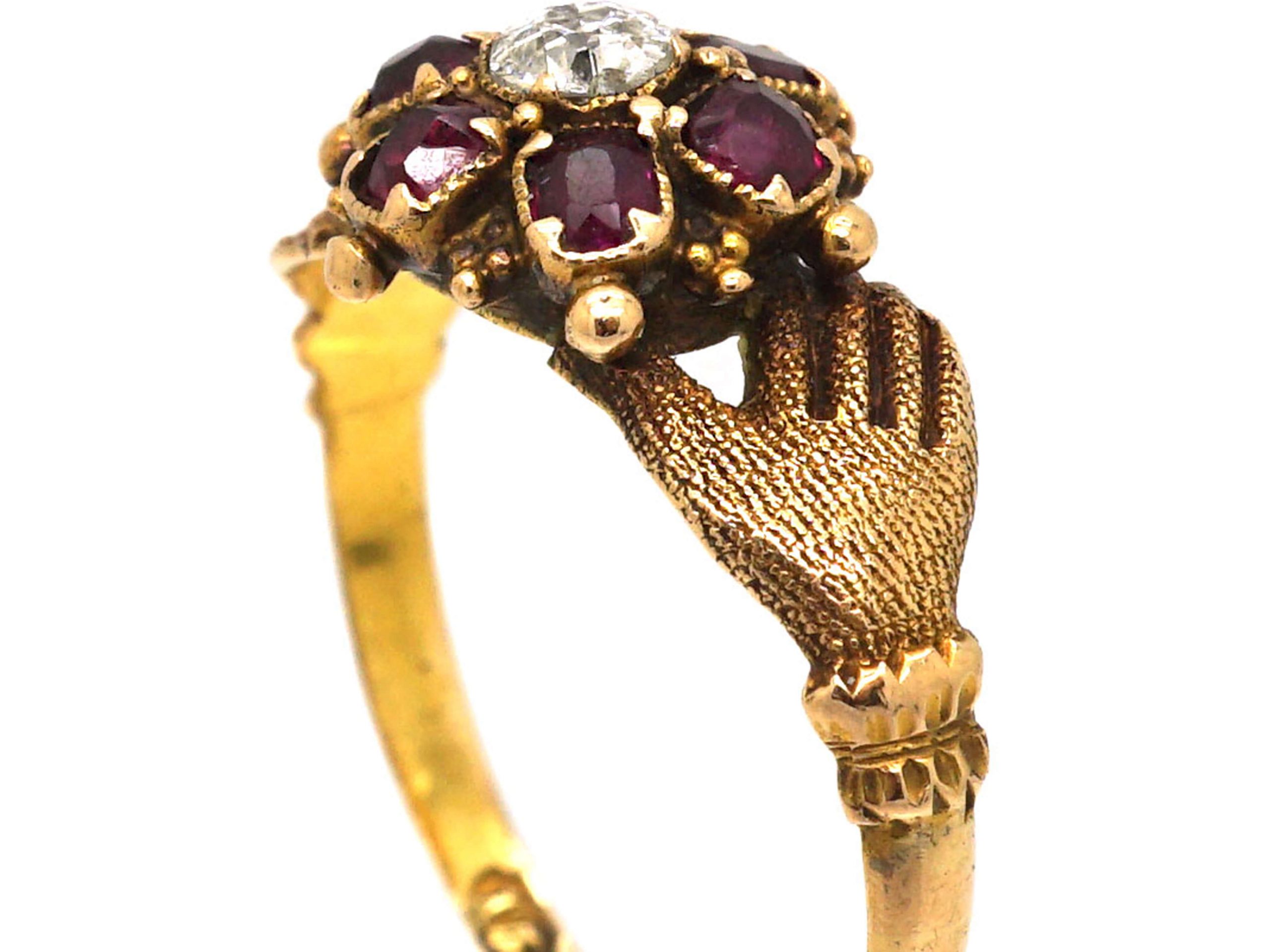 Early 19th Century 15ct Gold Fede Ring with Ruby & Diamond set Flower ...