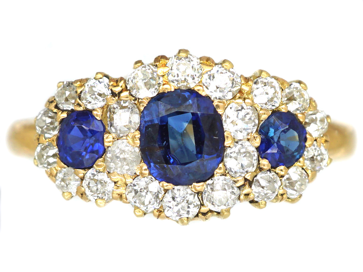 Edwardian 18ct Gold Triple Cluster Ring set with Sapphires & Diamonds ...