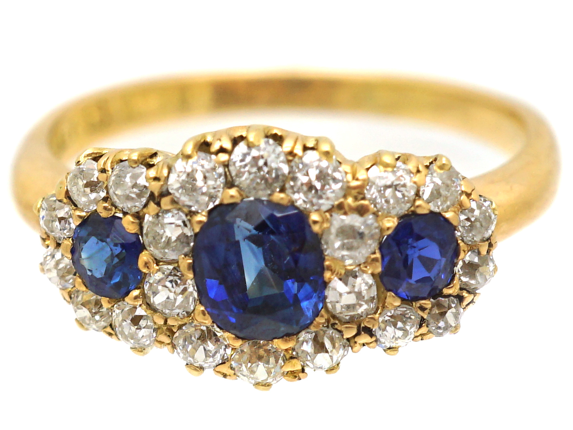 Edwardian 18ct Gold Triple Cluster Ring set with Sapphires & Diamonds ...
