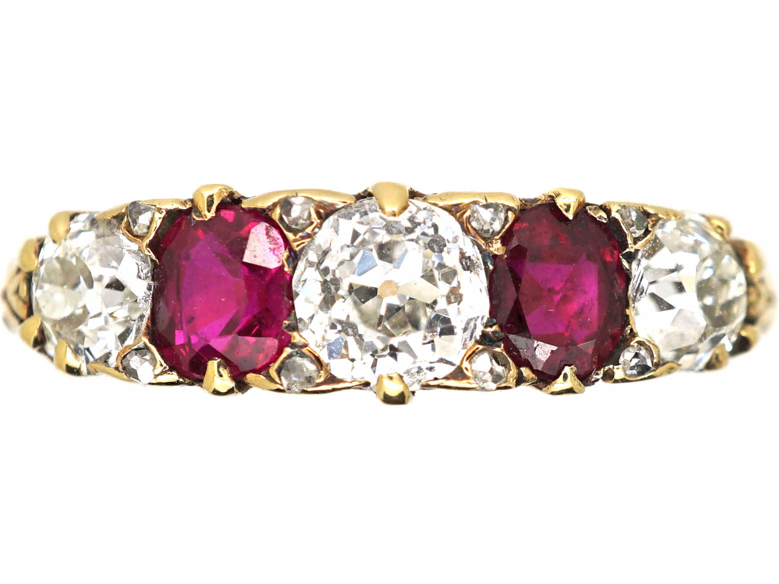 Victorian 18ct Gold, Five Stone Ruby & Diamond Carved Half Hoop Ring | AJC - AUS