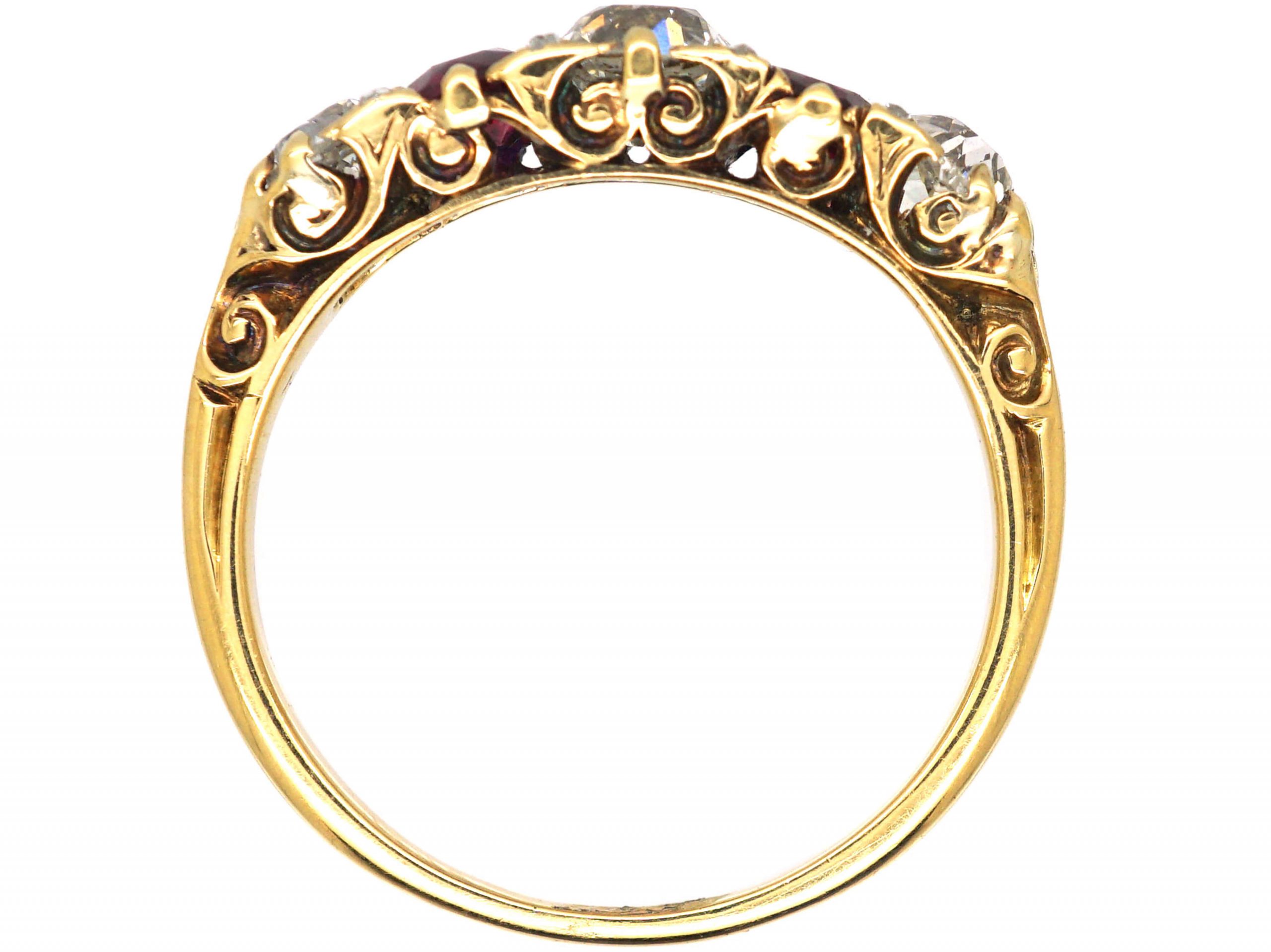Victorian 18ct Gold, Five Stone Ruby & Diamond Carved Half Hoop Ring ...