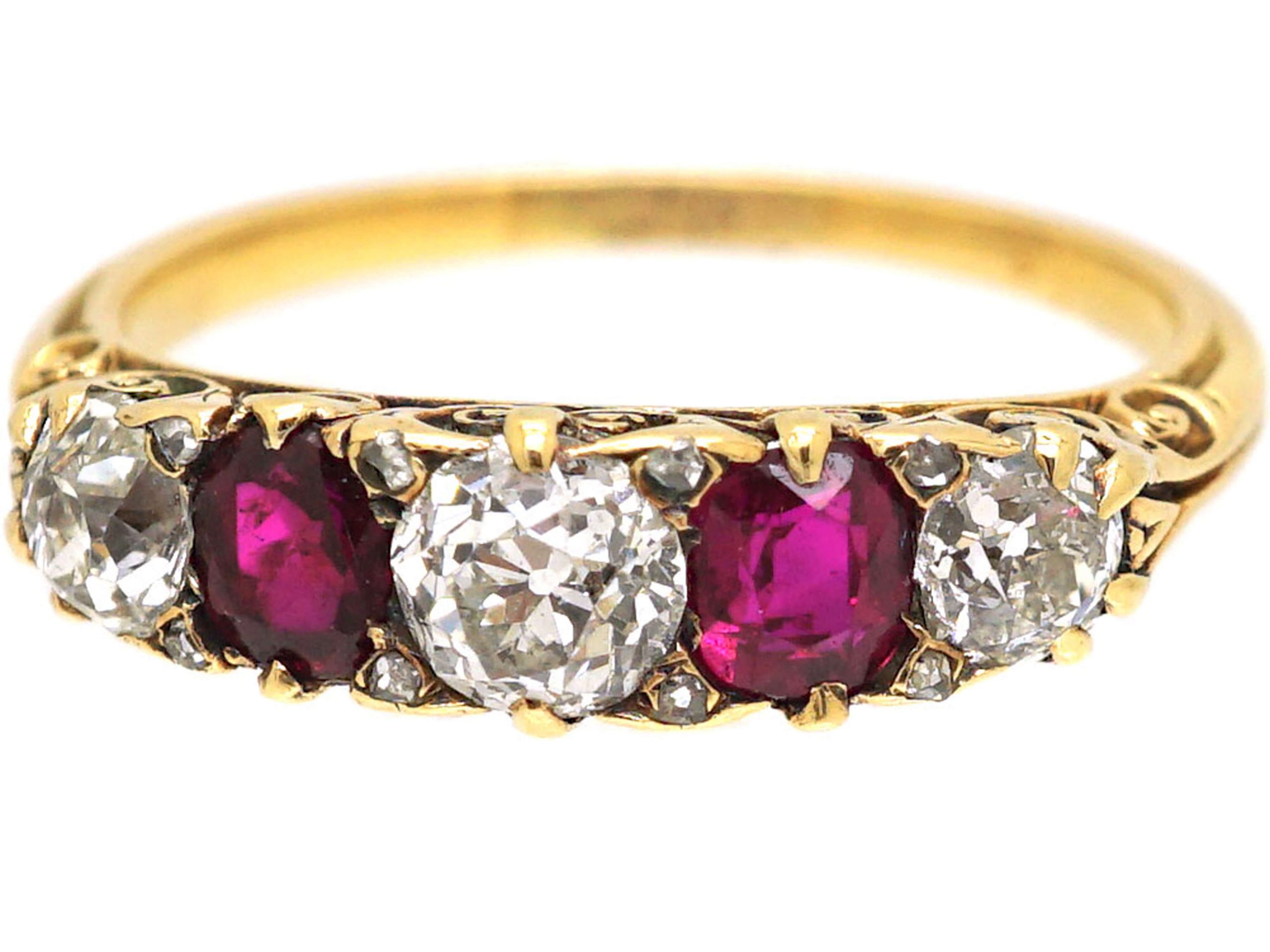 Victorian 18ct Gold, Five Stone Ruby & Diamond Carved Half Hoop Ring | AJC - AUS