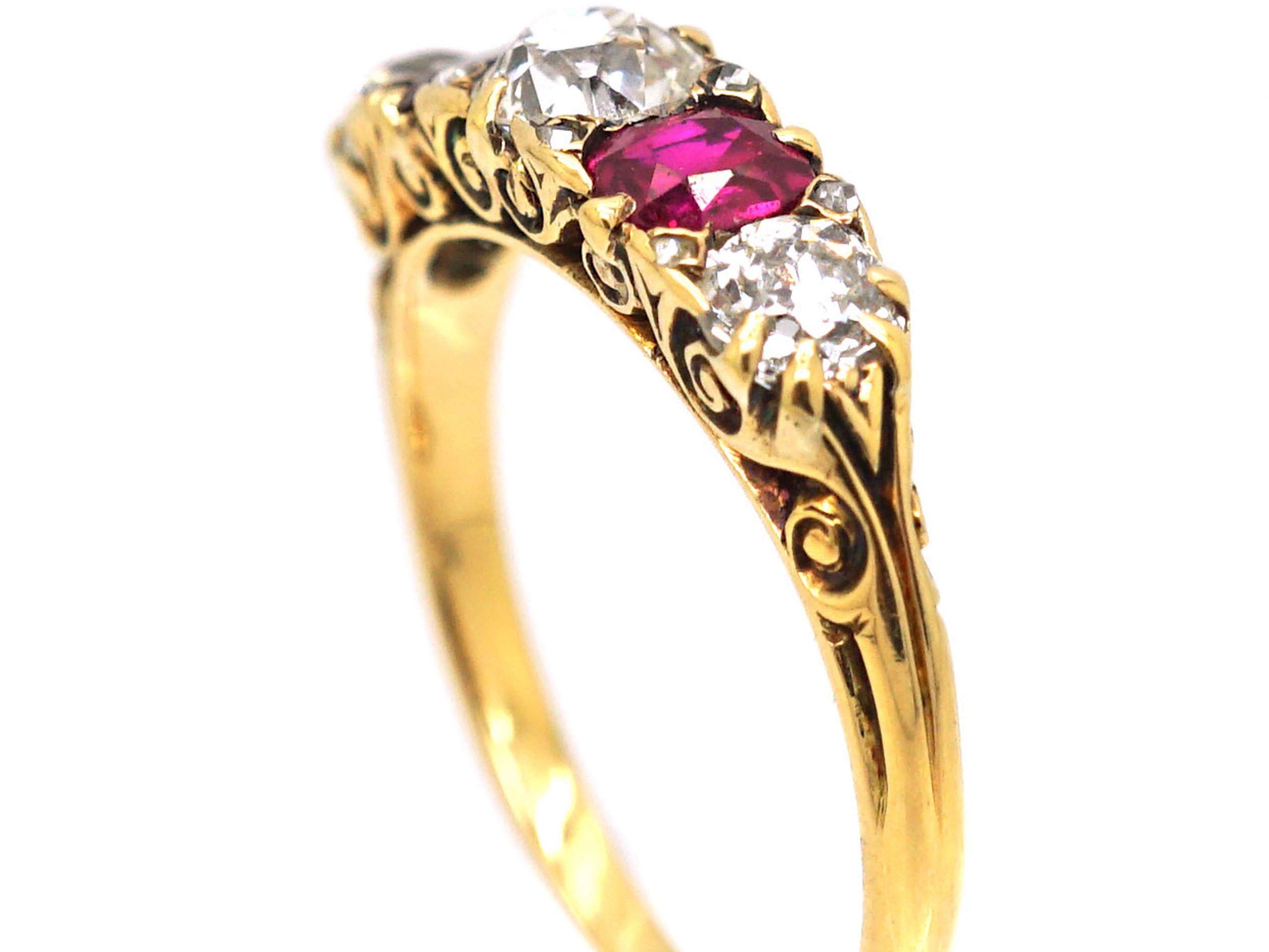 Victorian 18ct Gold, Five Stone Ruby & Diamond Carved Half Hoop Ring ...