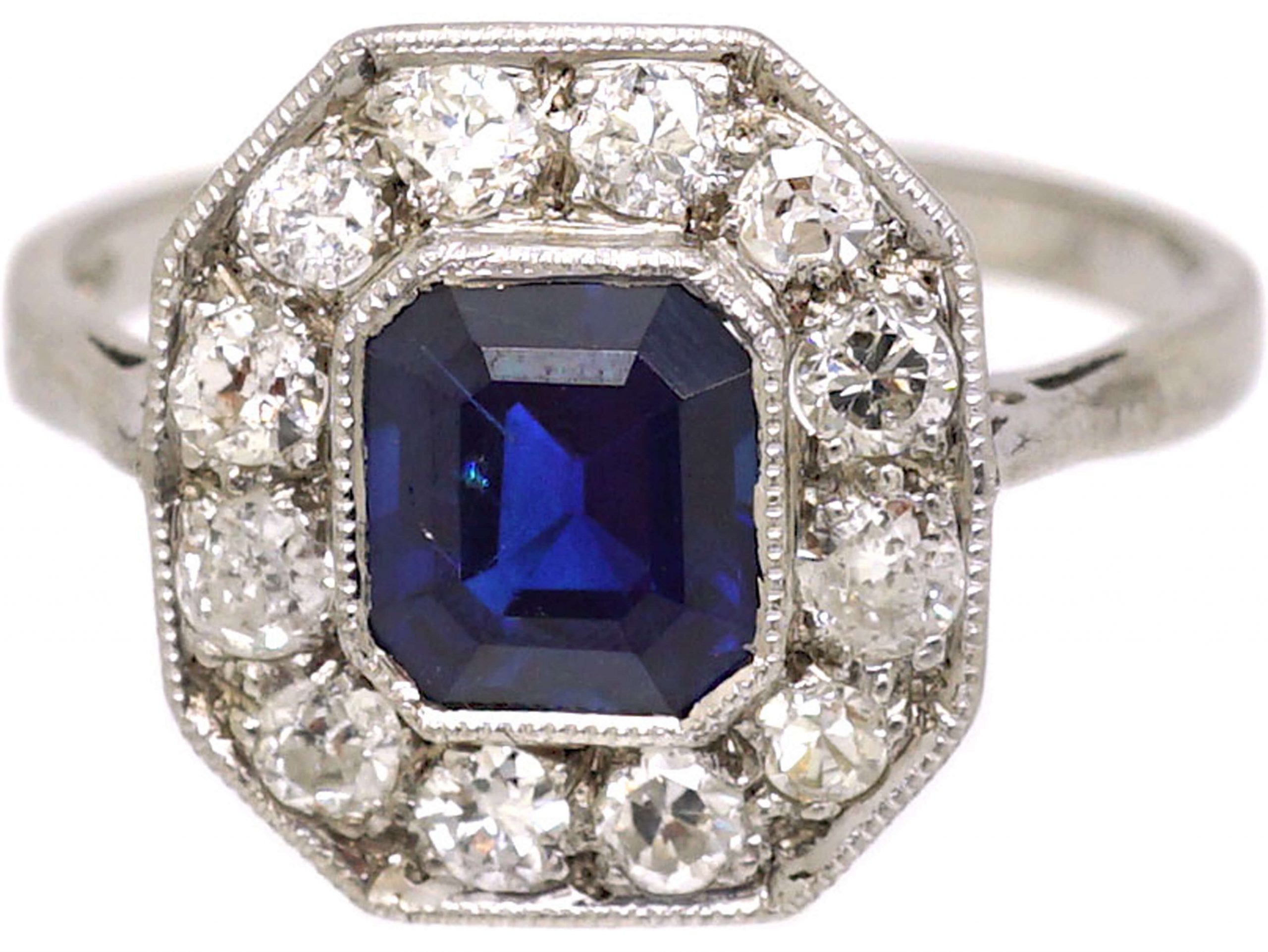 18ct White Gold Octagonal Cluster Ring set with a Sapphire & Diamonds ...