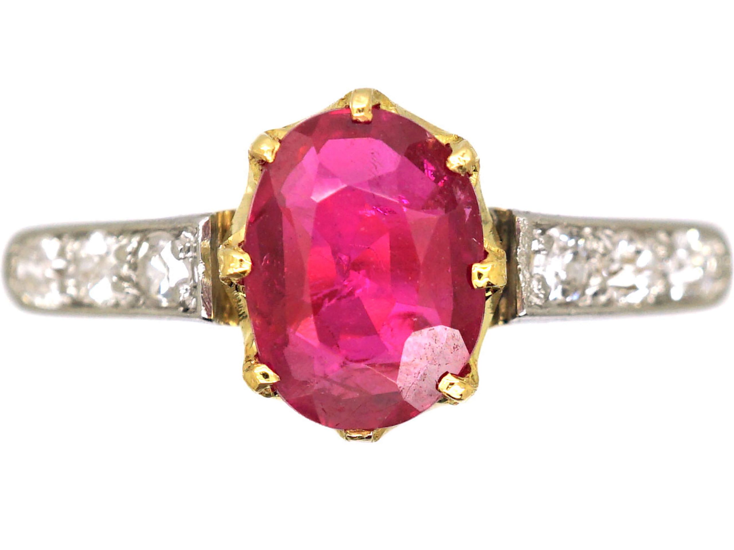 Edwardian 18ct Gold & Platinum, Ruby Solitaire Ring with Diamond set ...