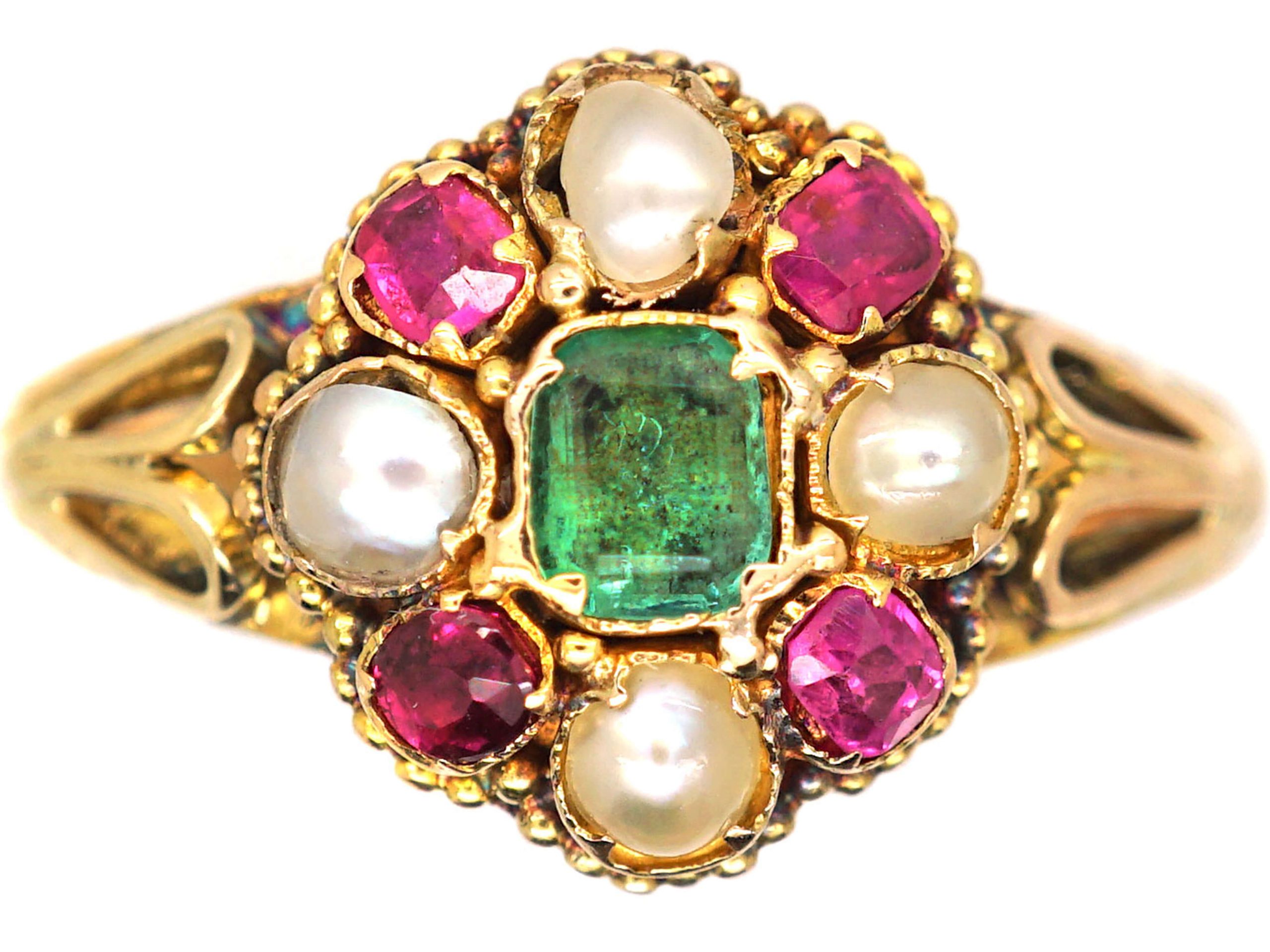 Victorian 15ct Gold Cluster Ring set with Natural Split Pearls, Rubies & an Emerald (605Y) | The ...