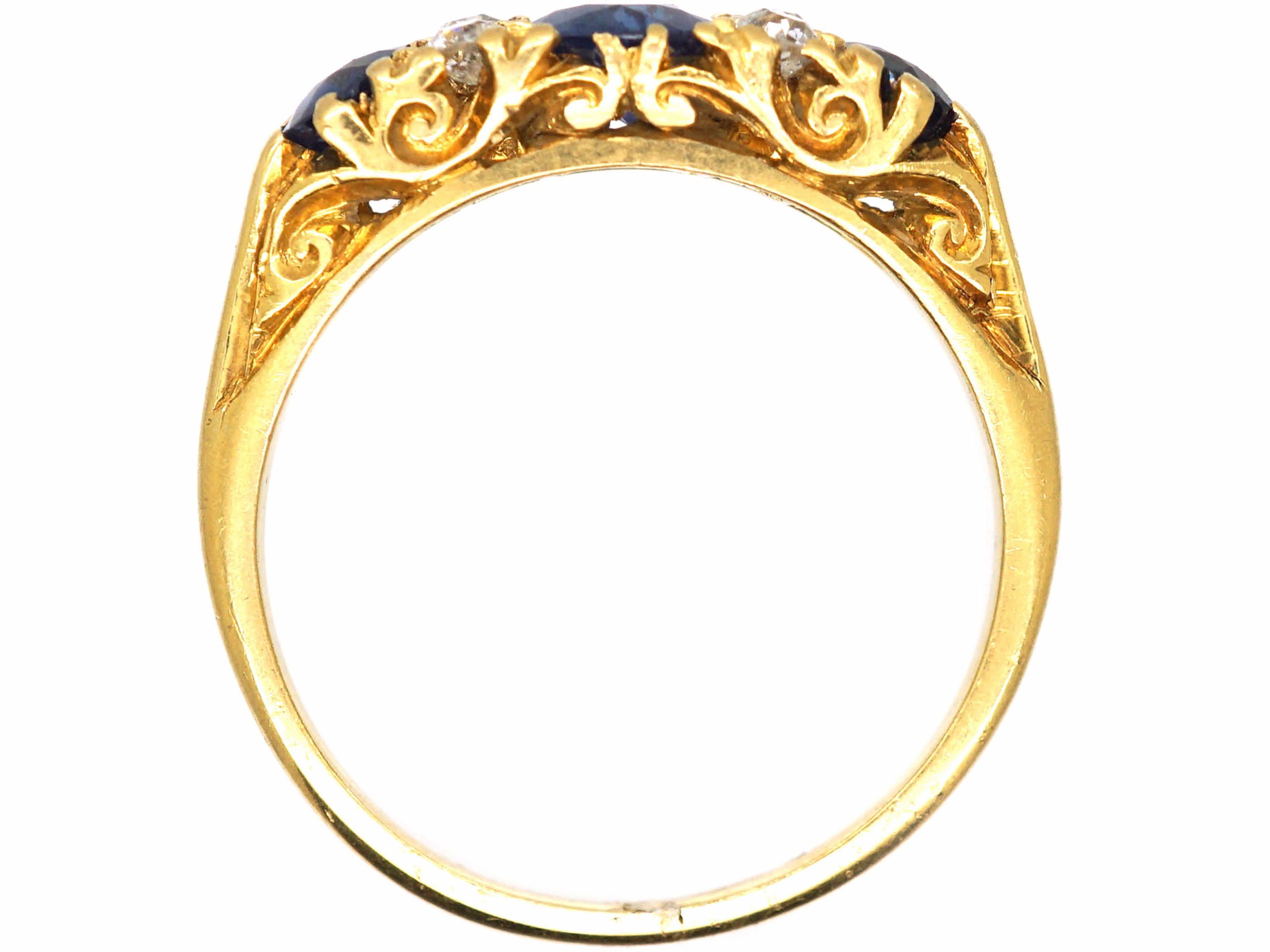 Victorian 18ct Gold Three Stone Sapphire & Diamond Carved Half Hoop ...