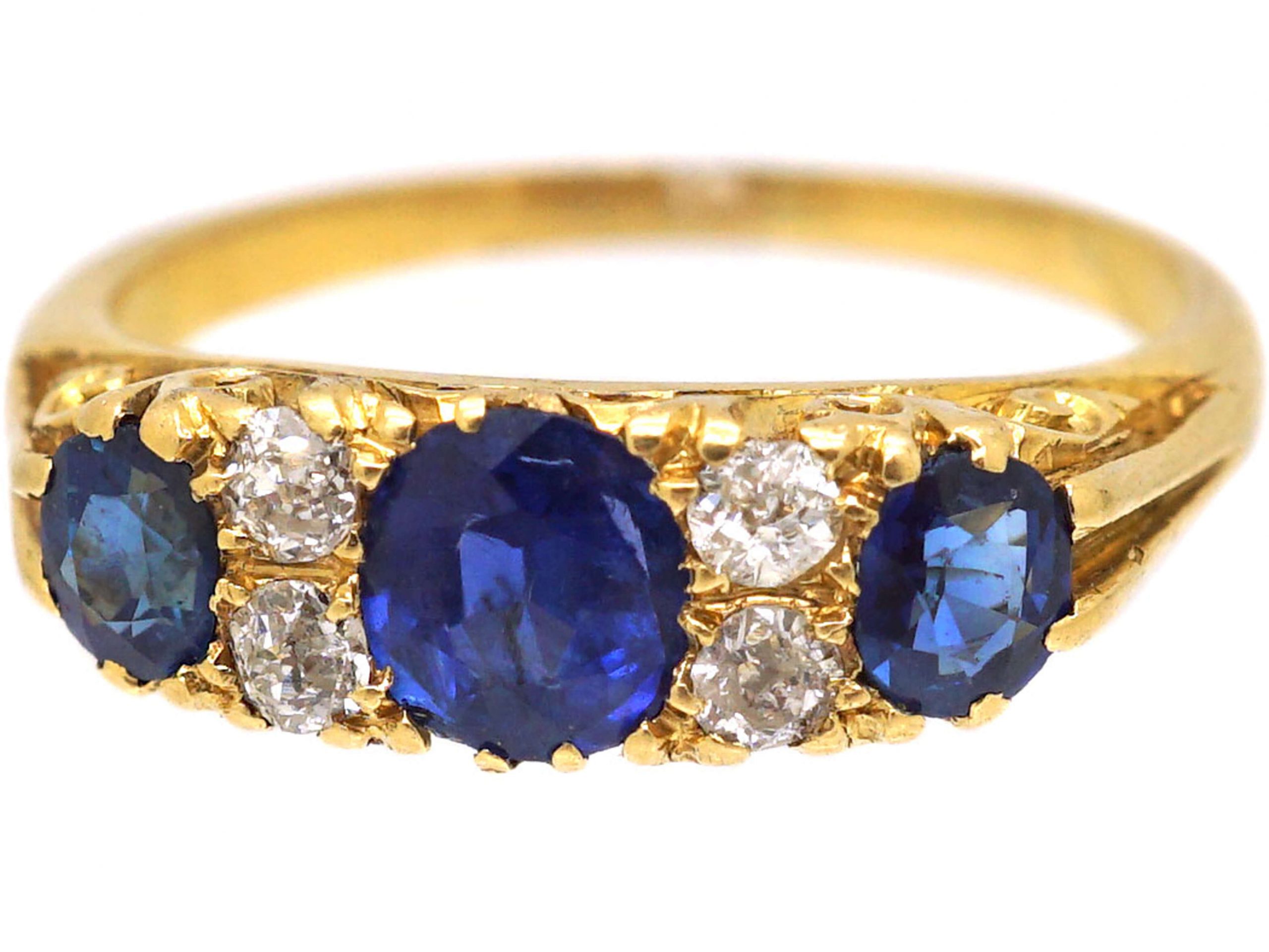 Victorian 18ct Gold Three Stone Sapphire & Diamond Carved Half Hoop ...