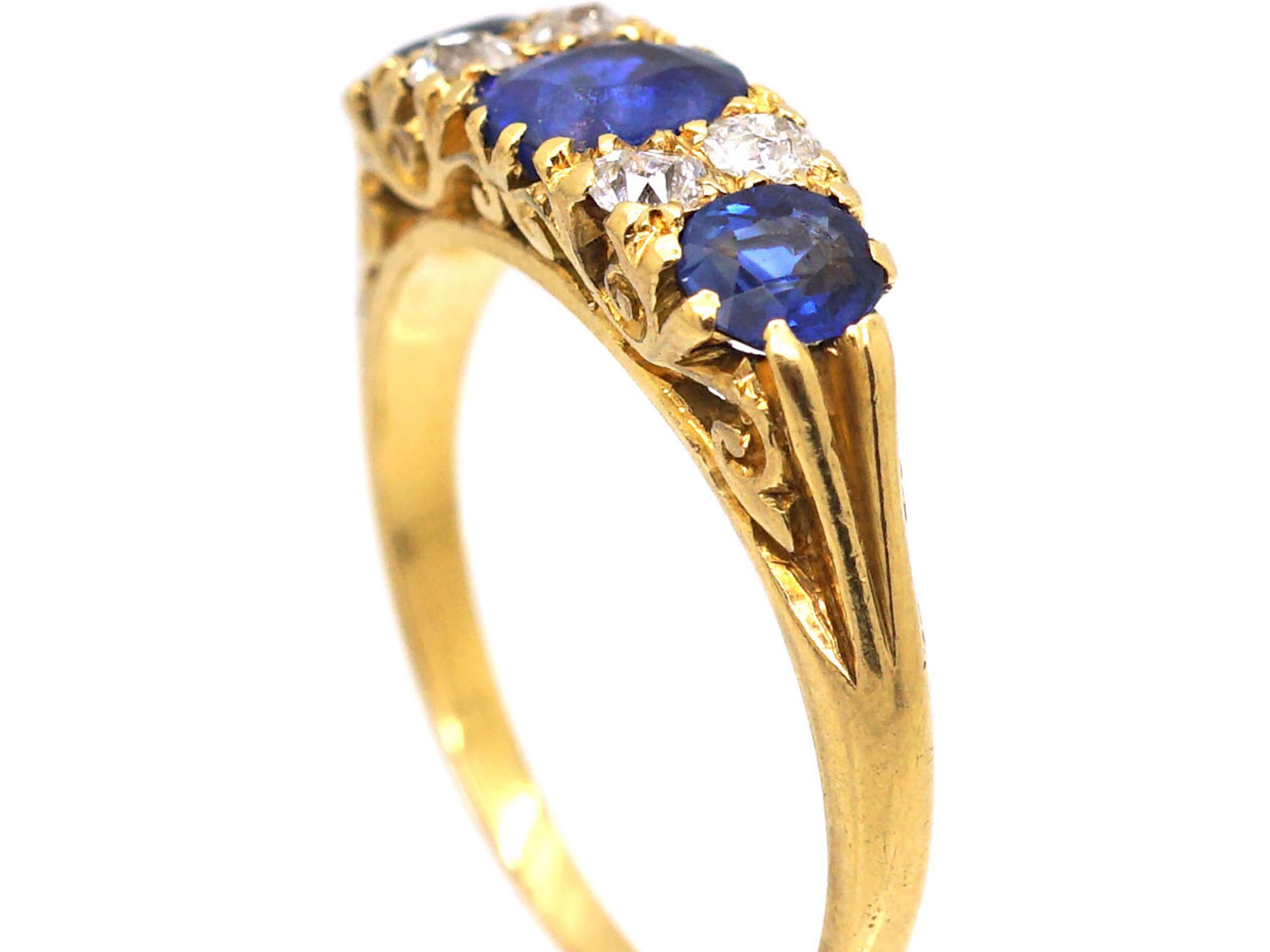 Victorian 18ct Gold Three Stone Sapphire & Diamond Carved Half Hoop ...