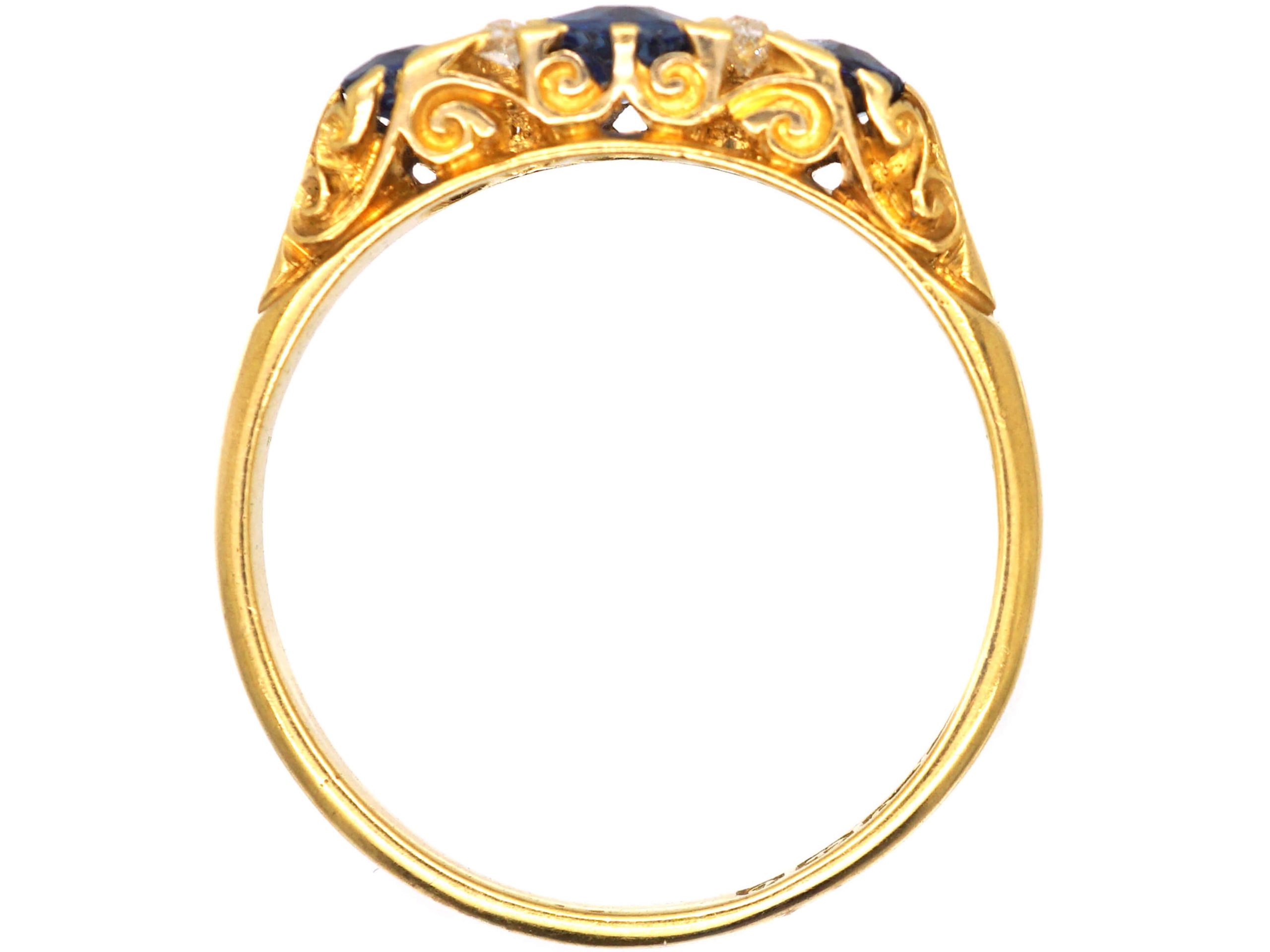 Edwardian 18ct Gold Sapphire & Diamond Three Stone Carved Half Hoop ...