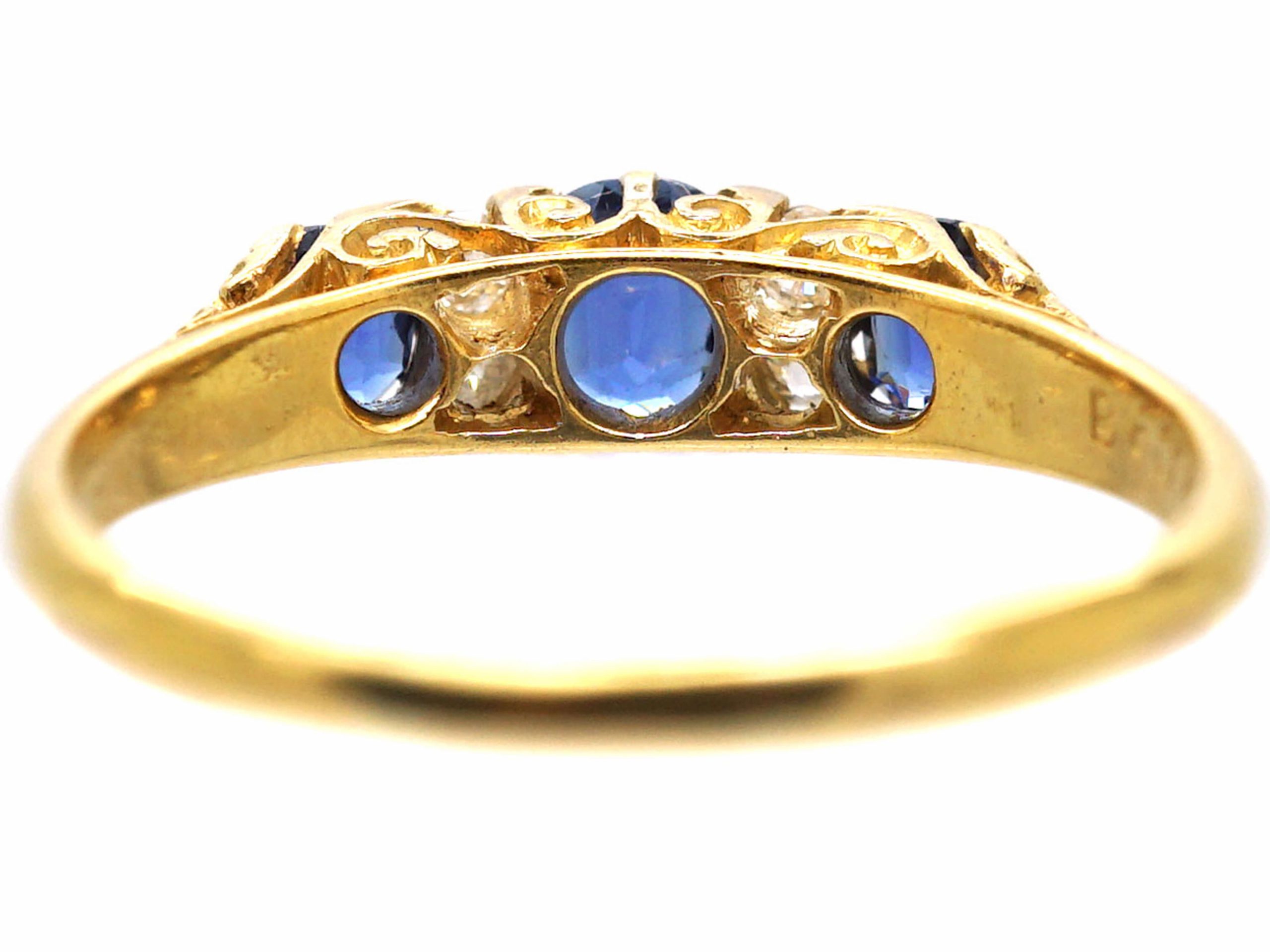 Edwardian 18ct Gold Sapphire & Diamond Three Stone Carved Half Hoop ...