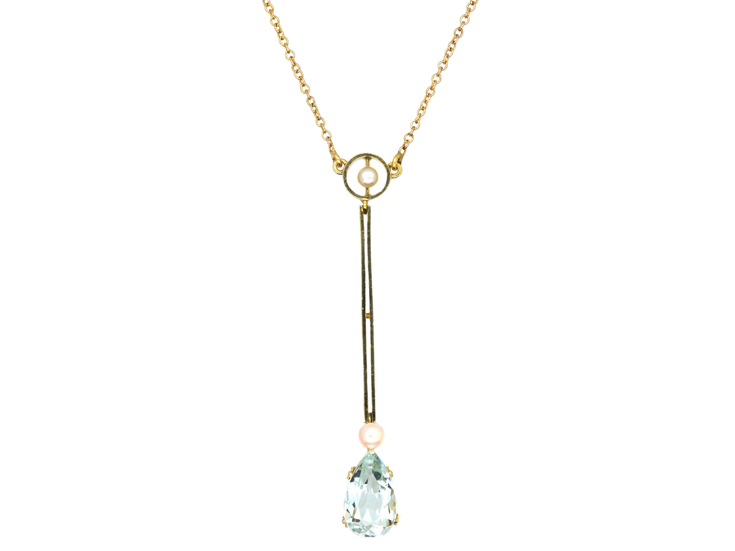 Art Deco 15ct Gold & Platinum, Aquamarine & Natural Pearl Drop Pendant ...