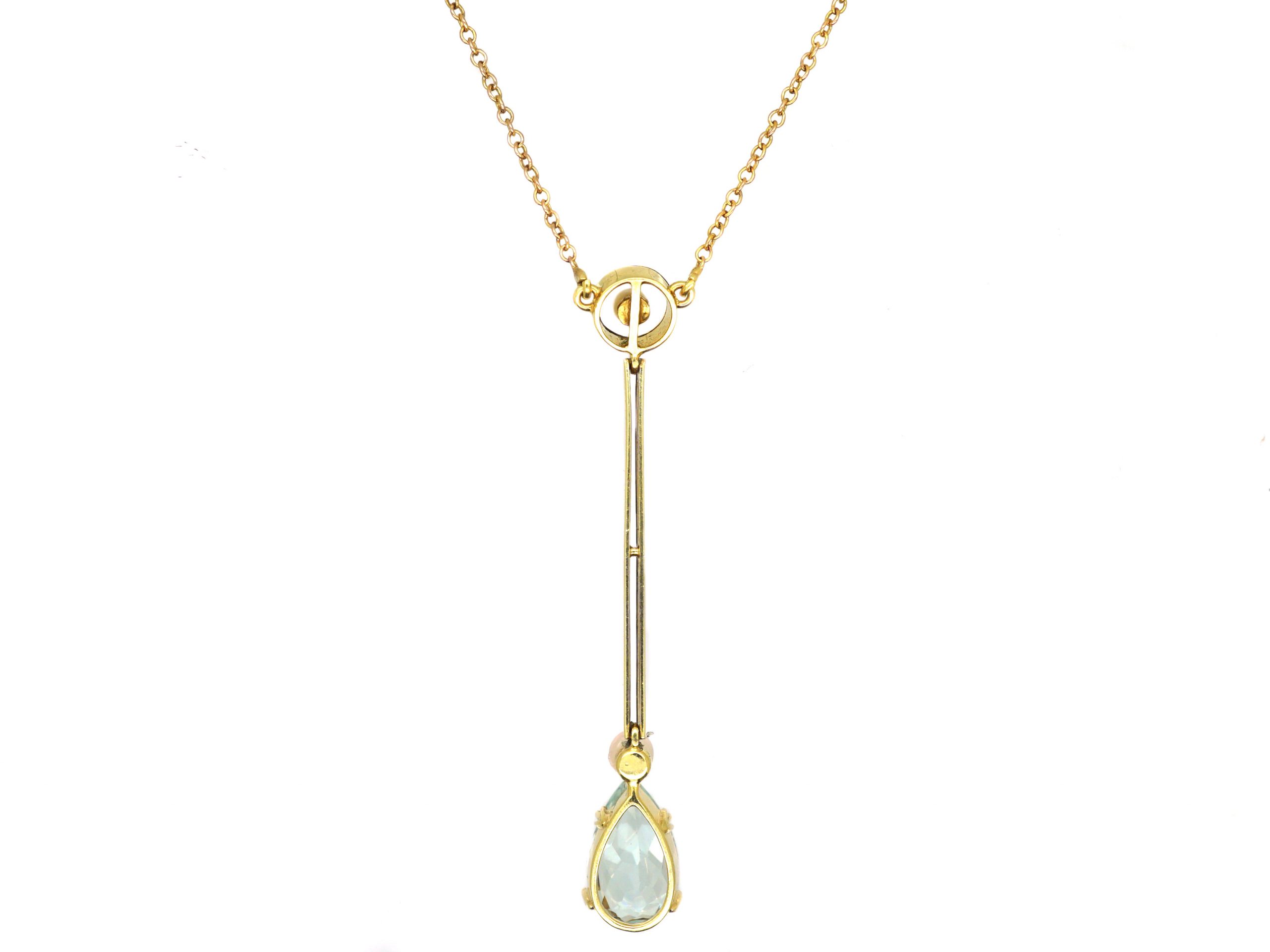 Art Deco 15ct Gold & Platinum, Aquamarine & Natural Pearl Drop Pendant ...