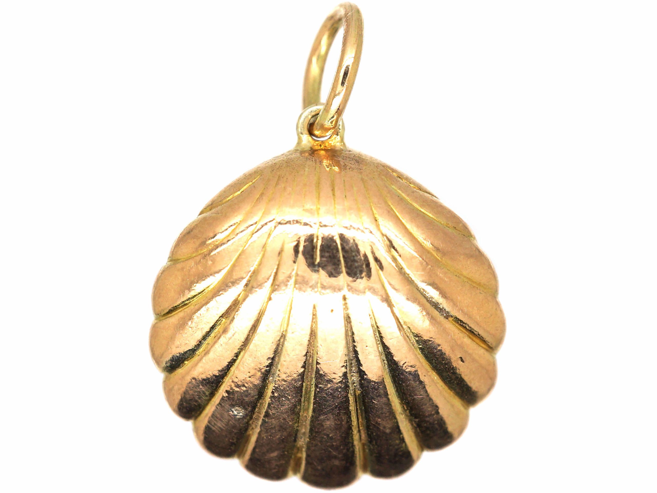 Edwardian 15ct Gold Scallop Shell Pendant set with a Pearl & Rose ...