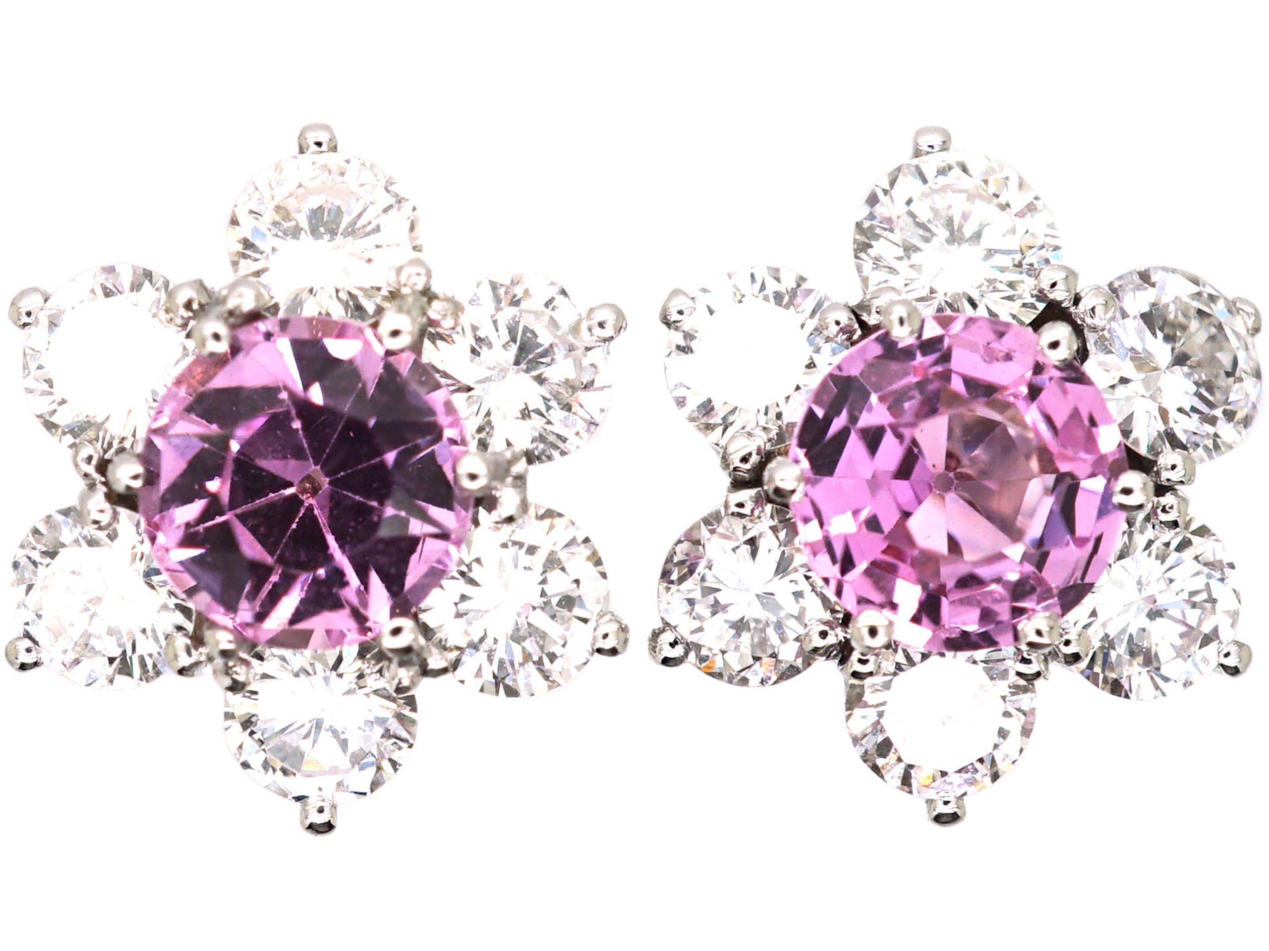 18ct White Gold, Pink Topaz & Diamond Cluster Earrings (867Y) | The ...