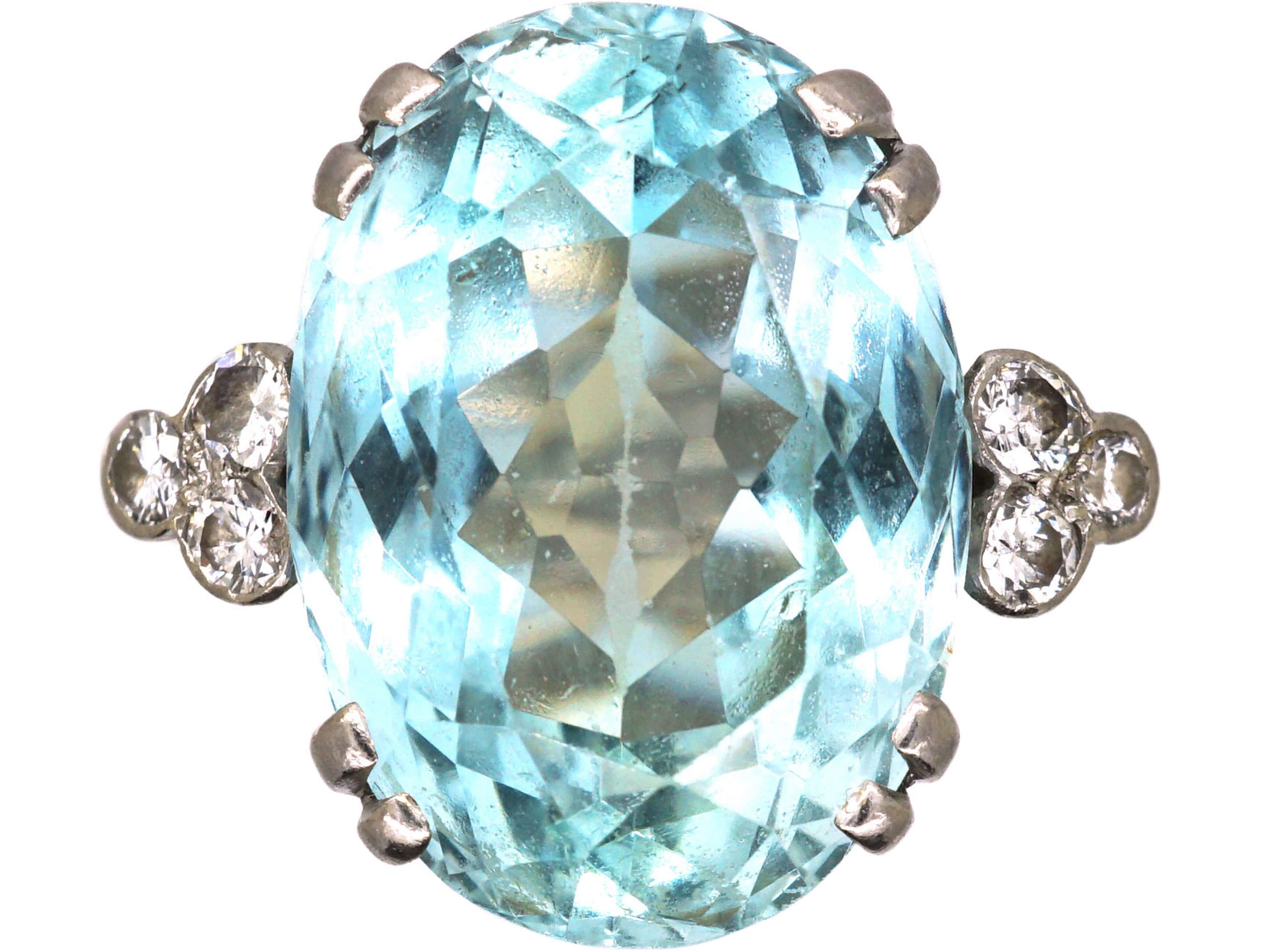 Vintage 18ct White Gold, Large Aquamarine Ring with Diamond Set ...