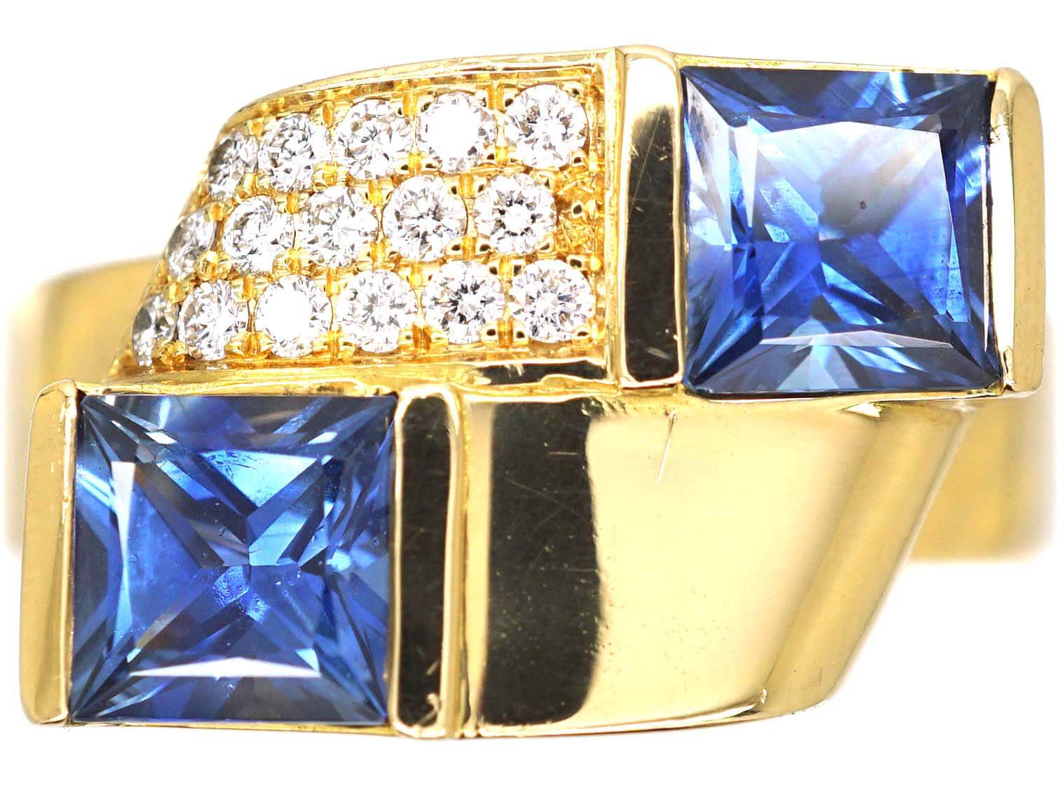 French 18ct Gold Cross Over Ring set with Square Cut Sapphires ...