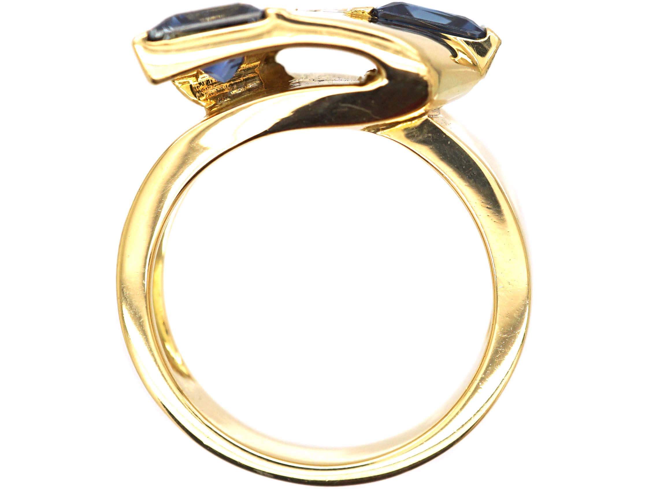 French 18ct Gold Cross Over Ring set with Square Cut Sapphires ...