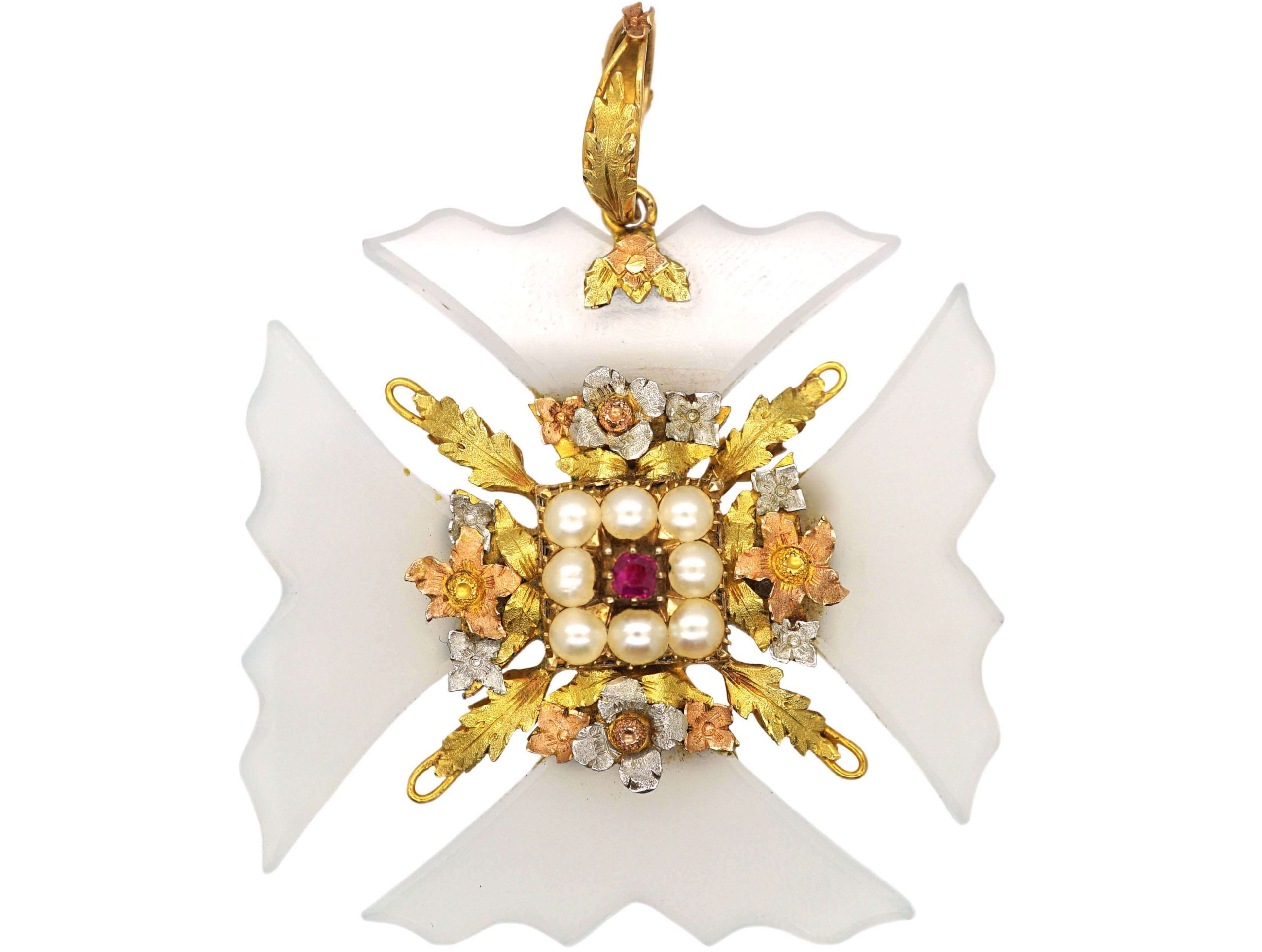Georgian Three Colour Gold & Chalcedony Maltese Cross set with a Ruby ...