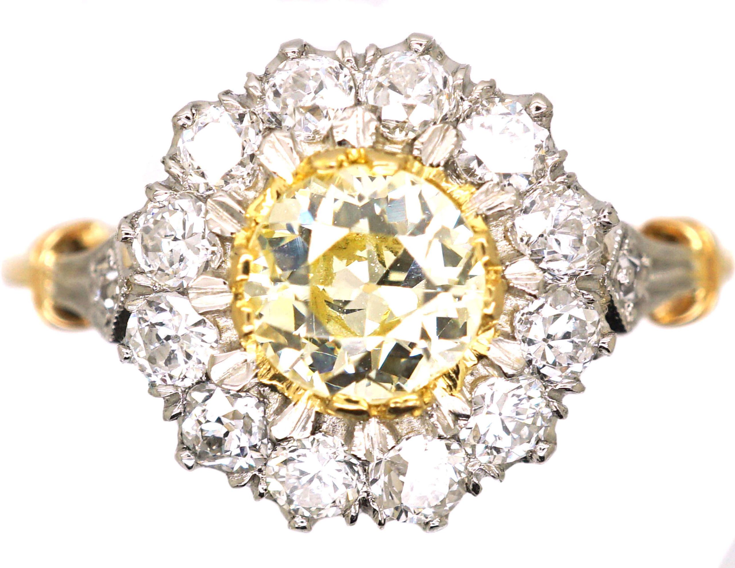 Edwardian 18ct Gold & Platinum Diamond Cluster Ring with a Yellow ...